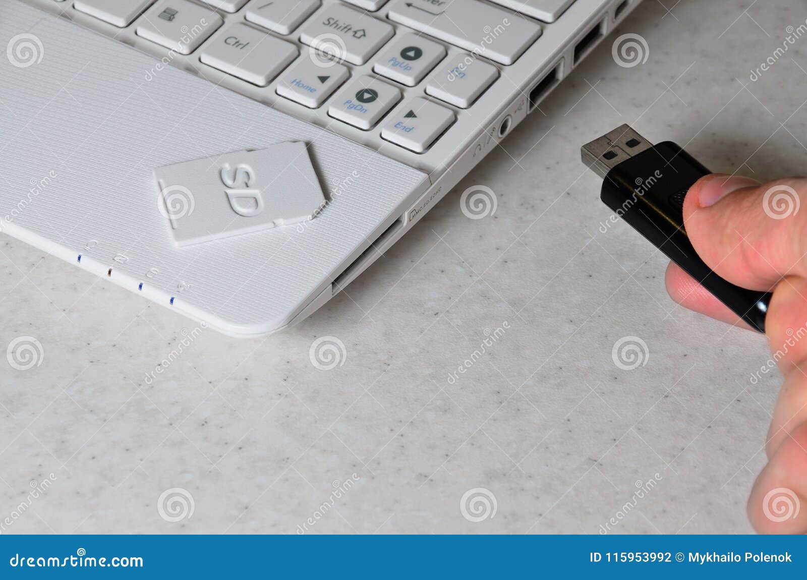 A Male Hand Inserts a Black Compact USB Card into the Corresponding ...