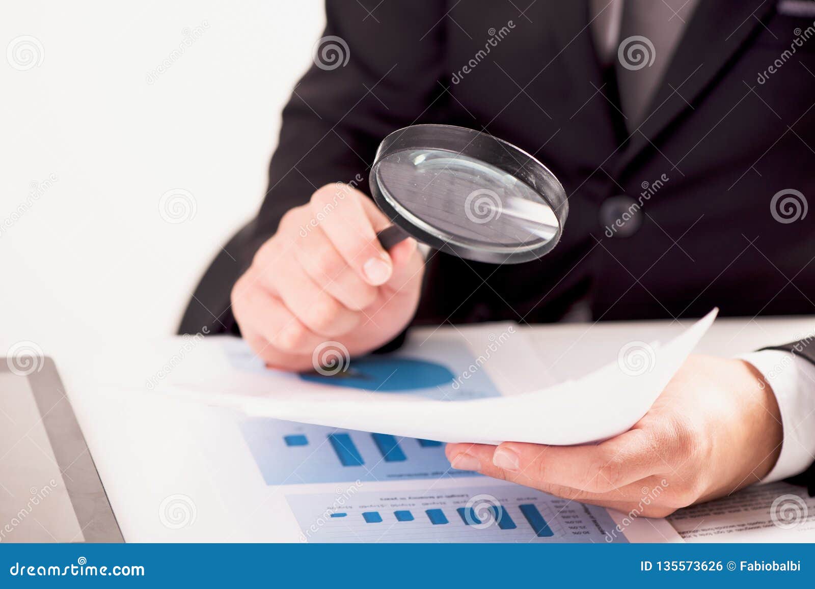 Male Hand with Magnifier Investigating Some Documents Stock Photo ...