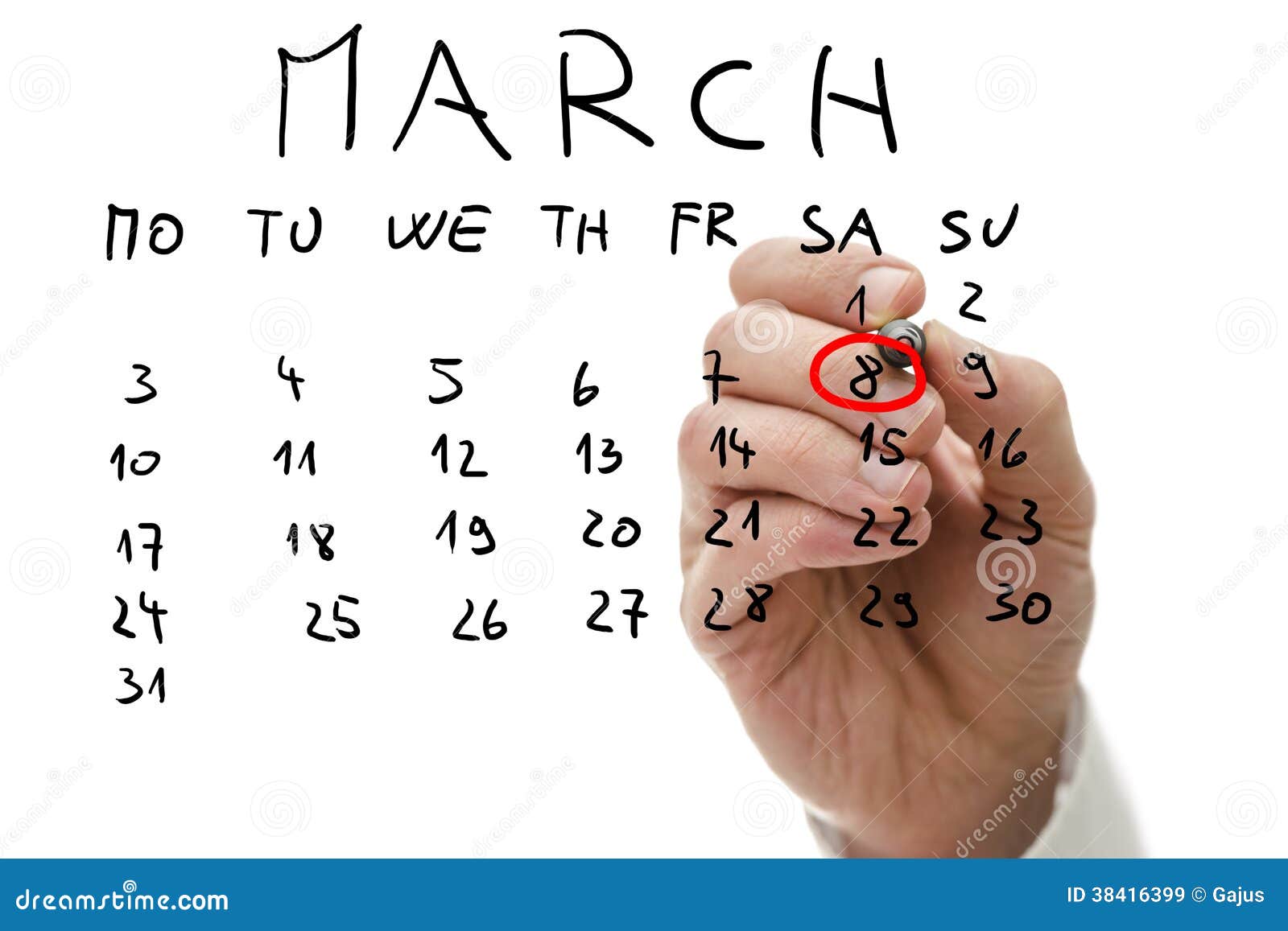 Male Hand Marking on Calendar the Date of March 8 Stock Image - Image ...
