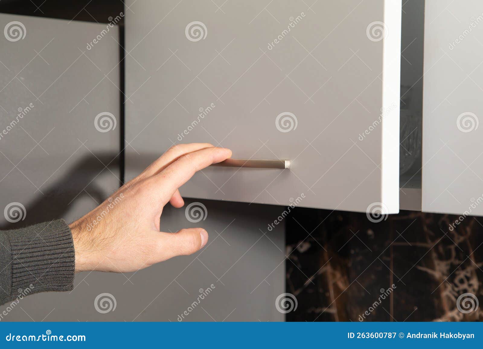 Male Hand Opening Kitchen Cupboard Door Stock Image - Image of wardrobe ...