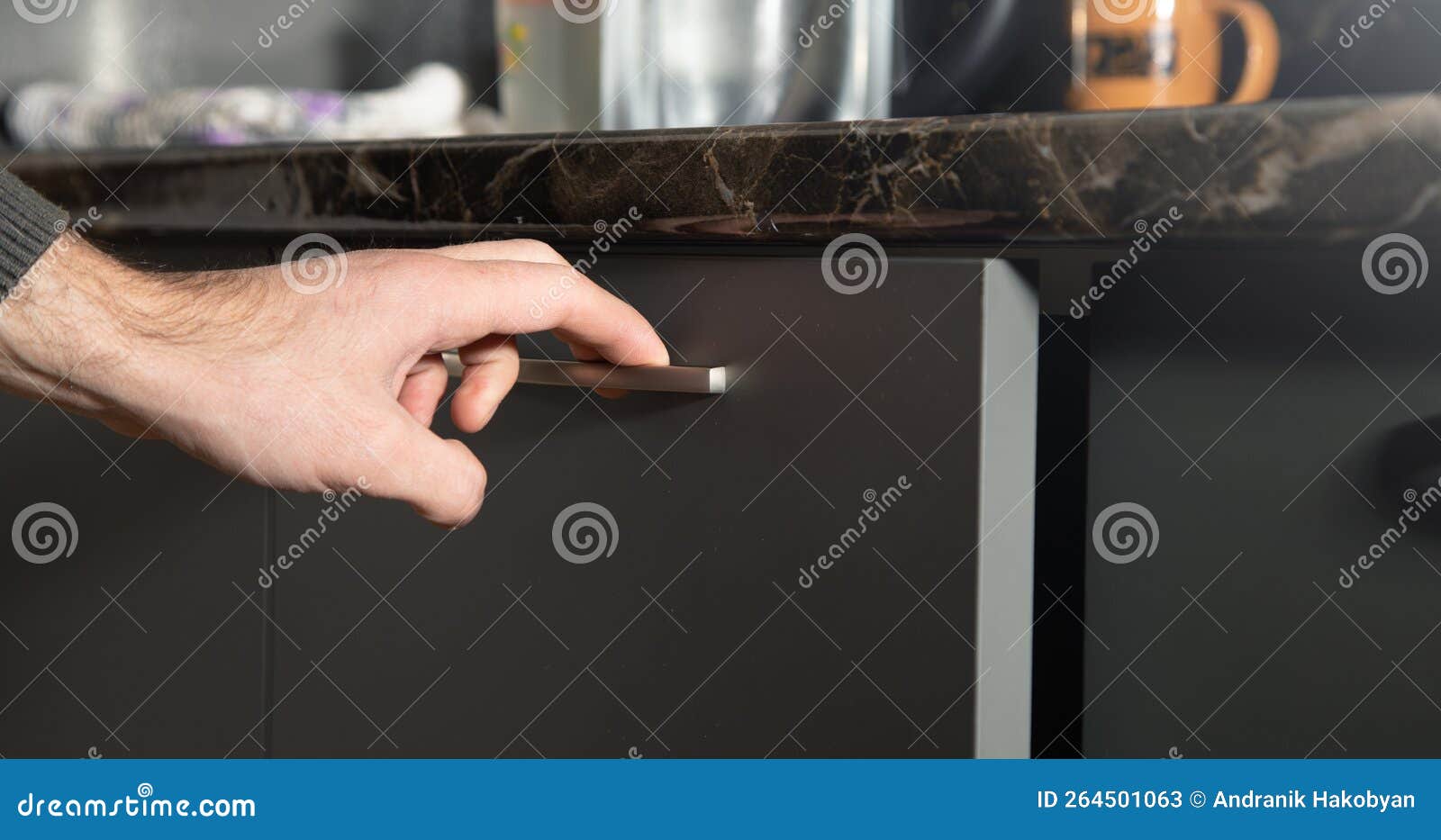 Male Hand Opening Kitchen Cupboard Door Stock Image - Image of storage ...