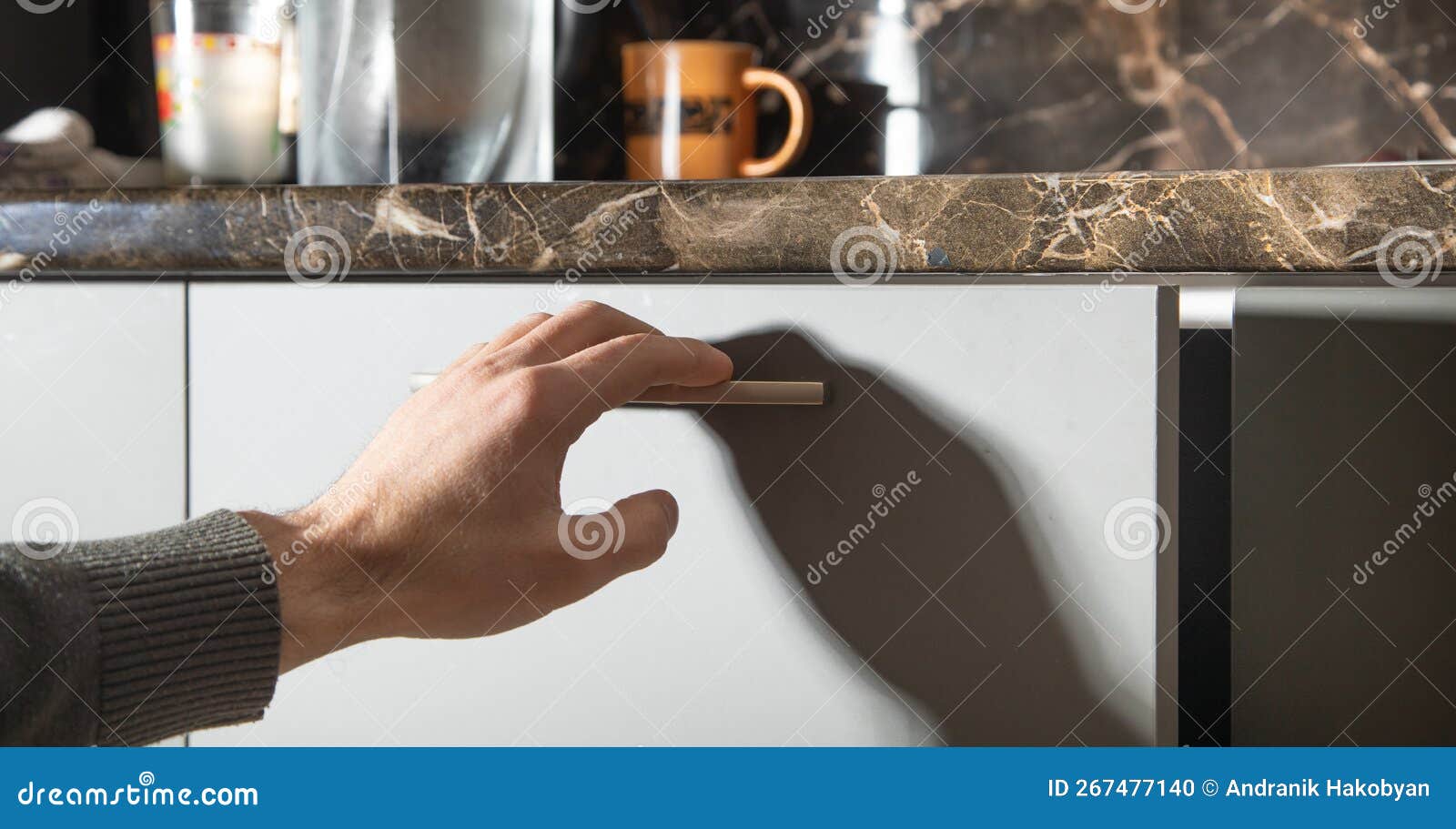 Male Hand Opening Kitchen Cupboard Door Stock Photo - Image of kitchen ...
