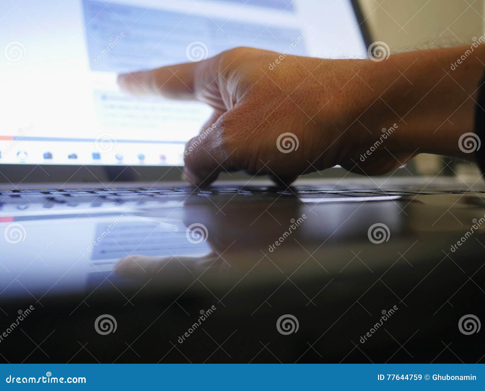 Male Hand Pointing at Laptop Screen Stock Image - Image of person ...