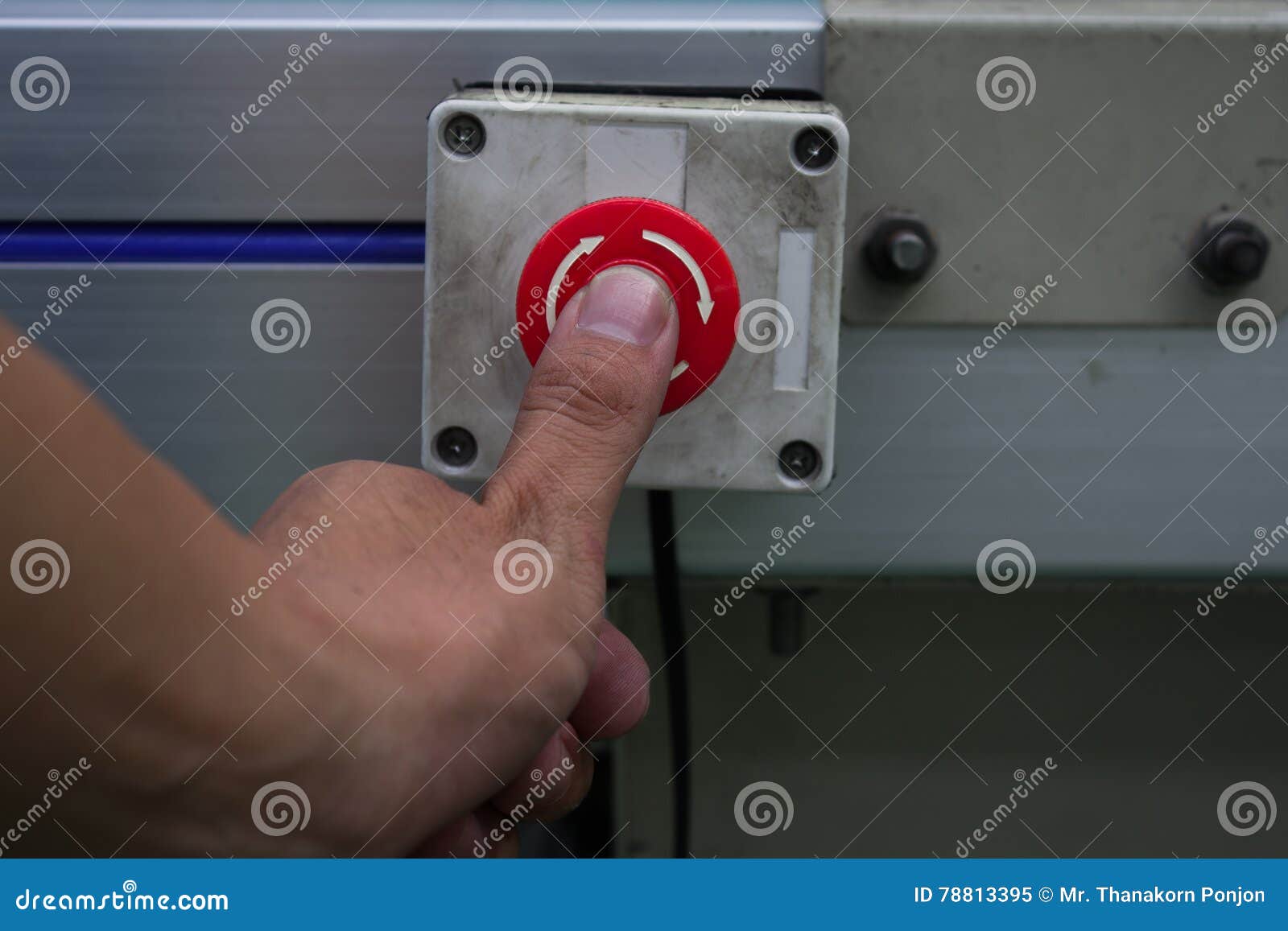 Male Hand Pushing Emergency Red Stop Button Stock Image - Image of ...