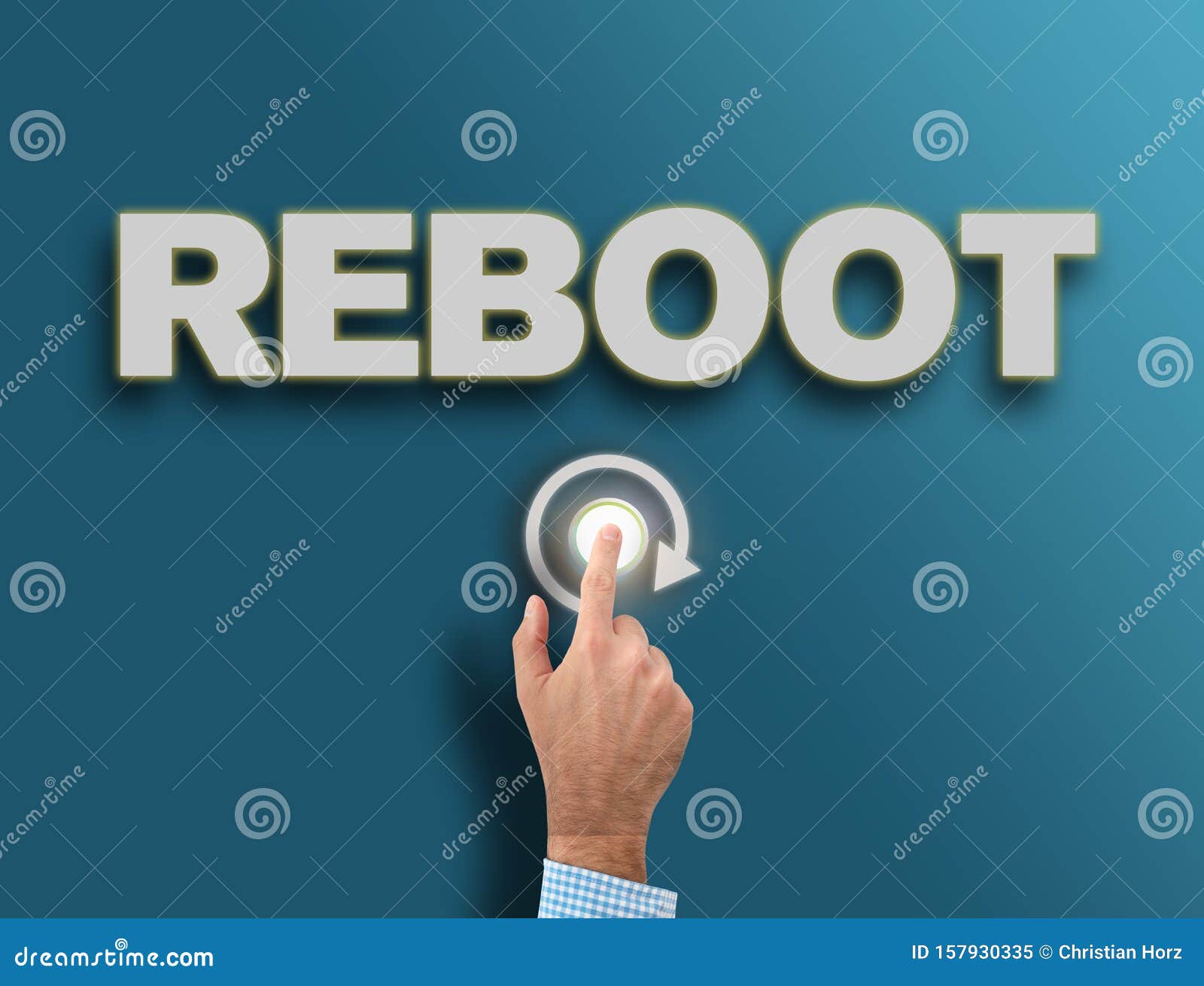 Hand Pushing Glowing Reboot Button, Fresh Start or New Beginning ...