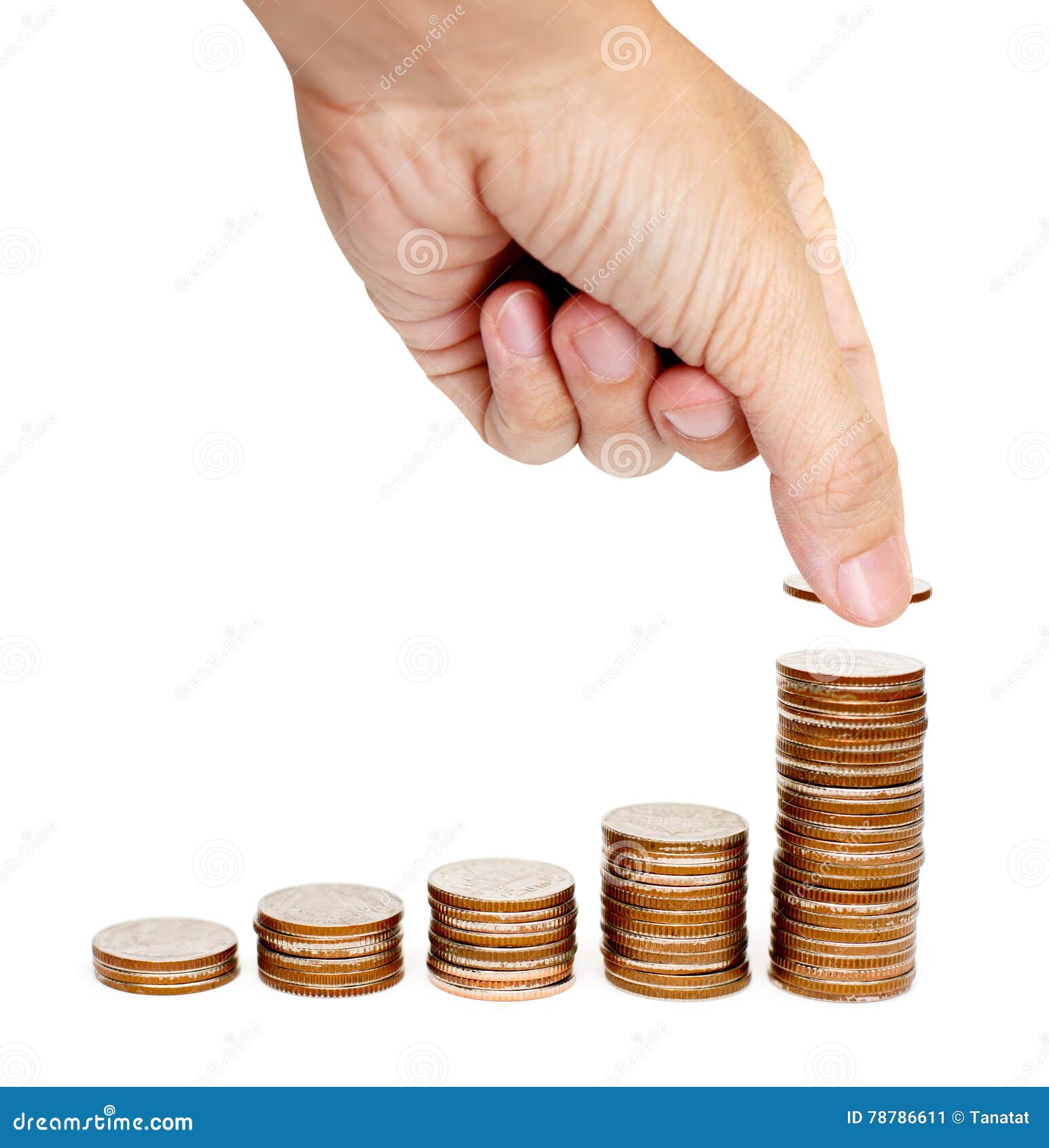 Male Hand Putting Coin on a Stack of Rising Coins Stock Image - Image ...