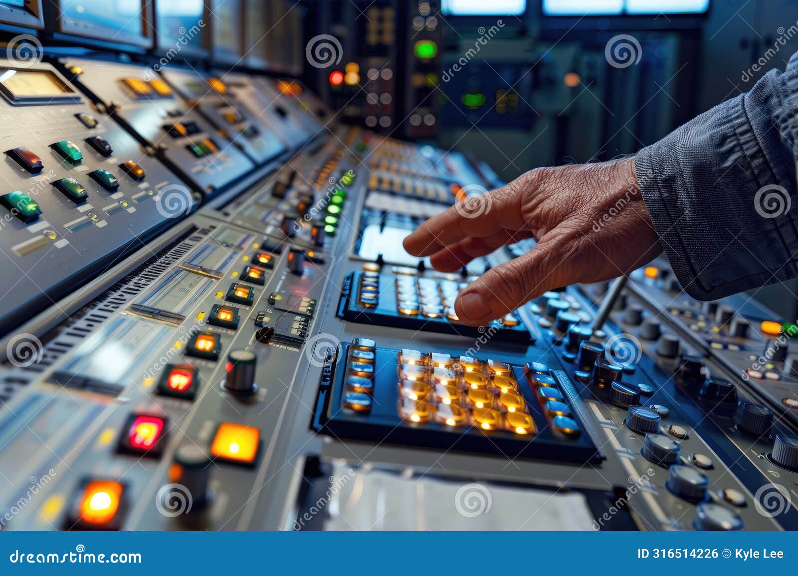 A Male Hand is Reaching for a Control on a Complex Control Room Station ...