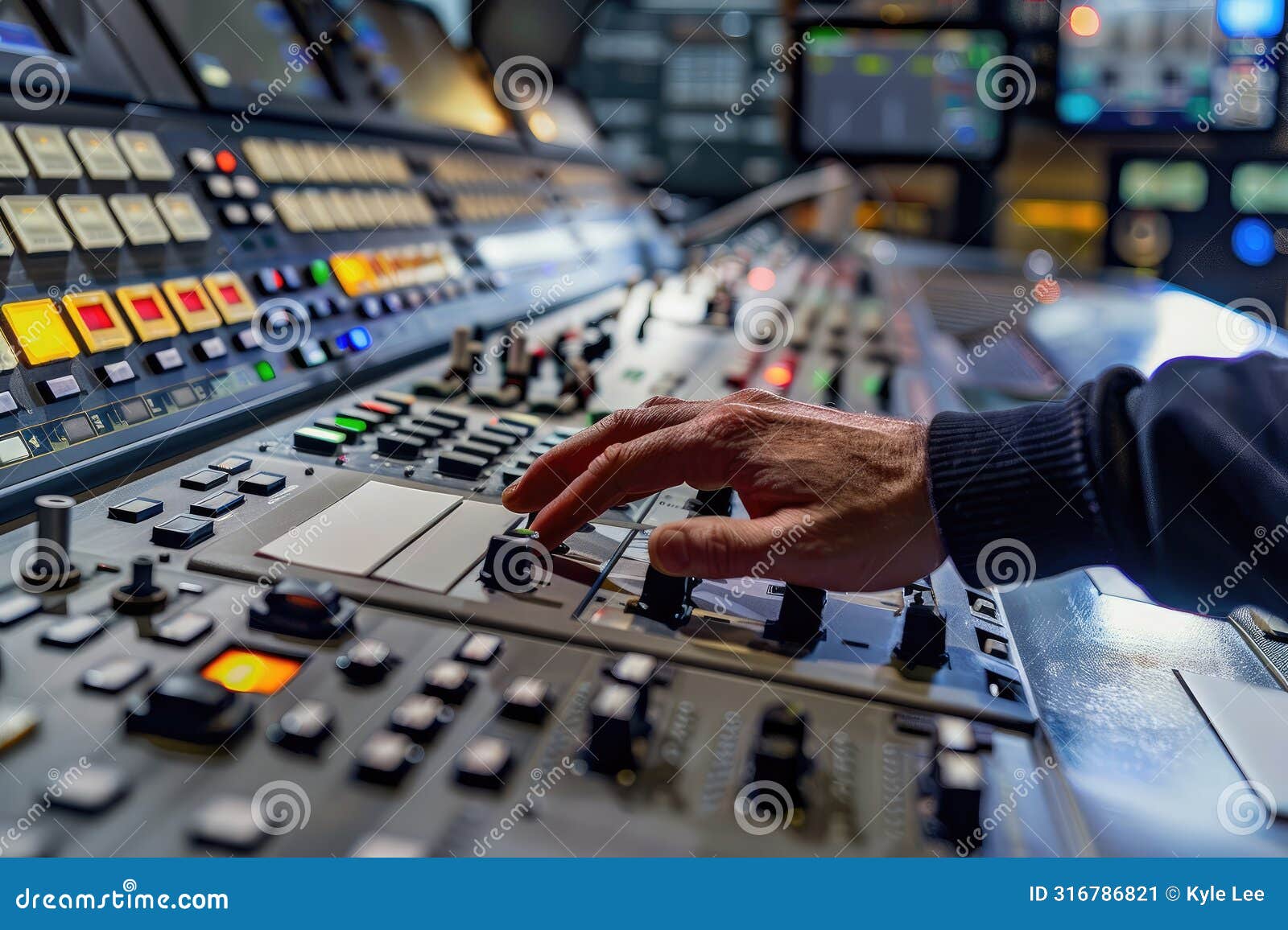 A Male Hand is Reaching for a Control on a Complex Control Room Station ...