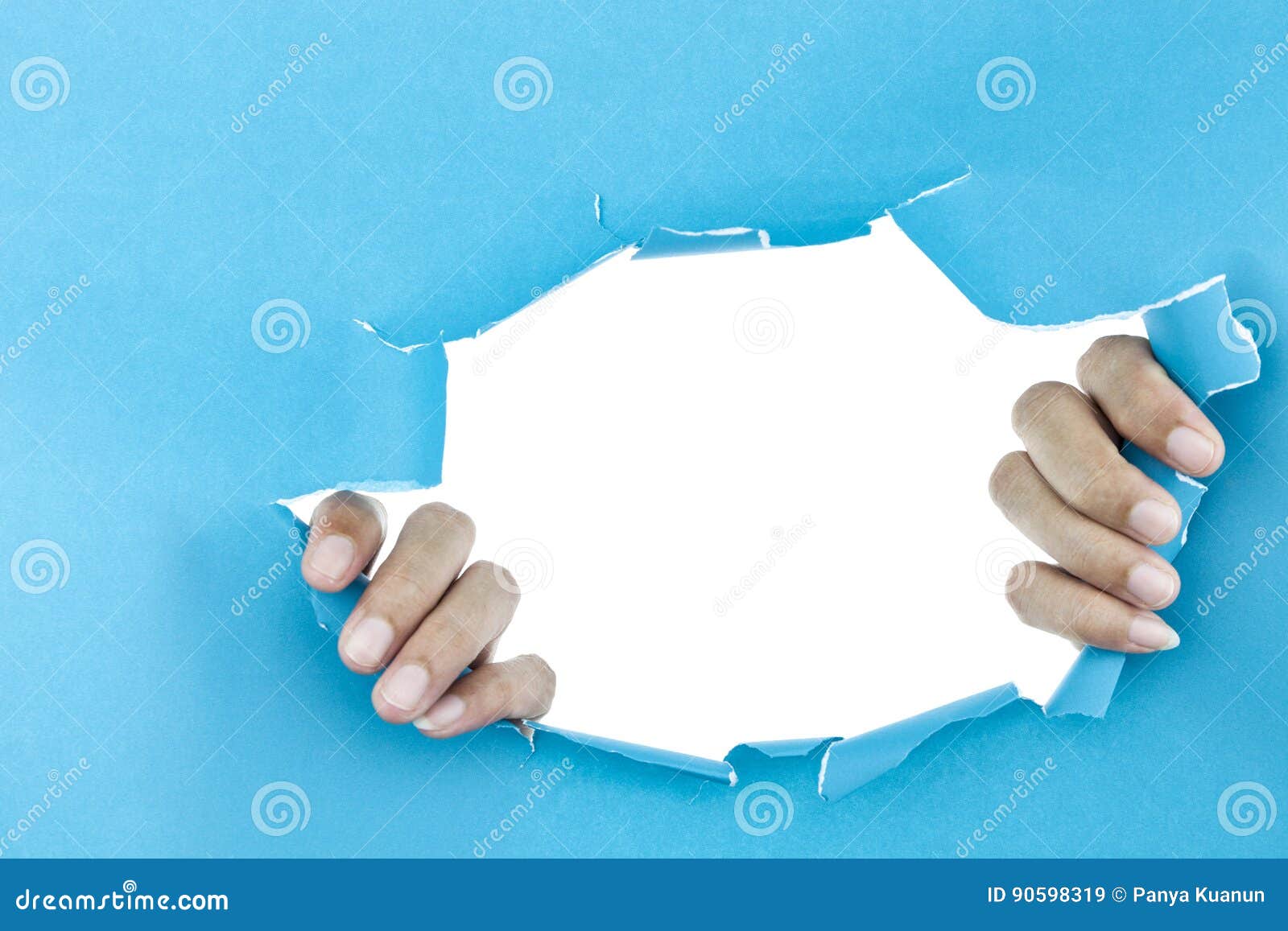 Male Hand Ripped Blue Paper on White Background. Stock Image - Image of ...