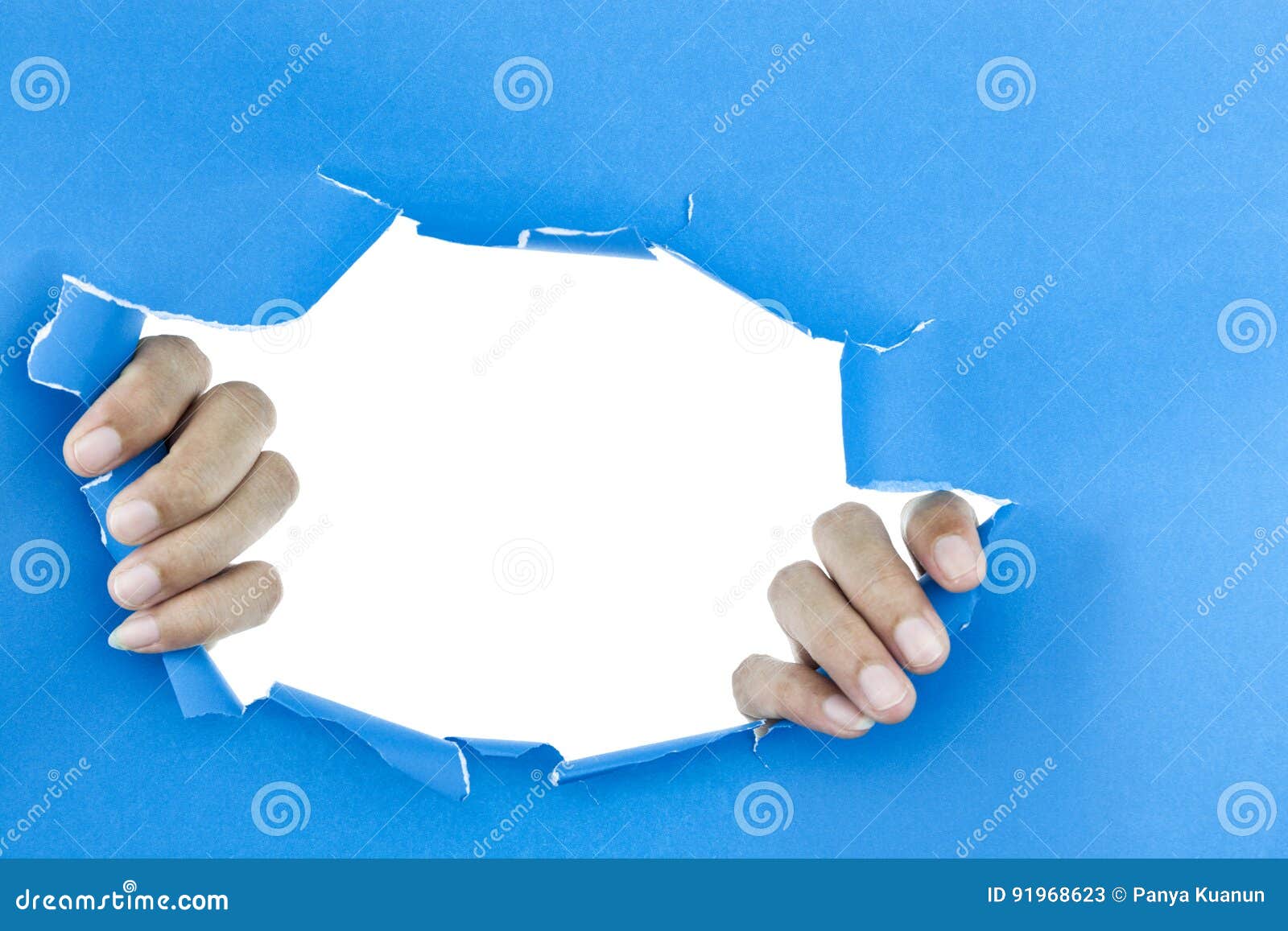 Male Hand Ripped Blue Paper on White Background. Stock Image - Image of ...