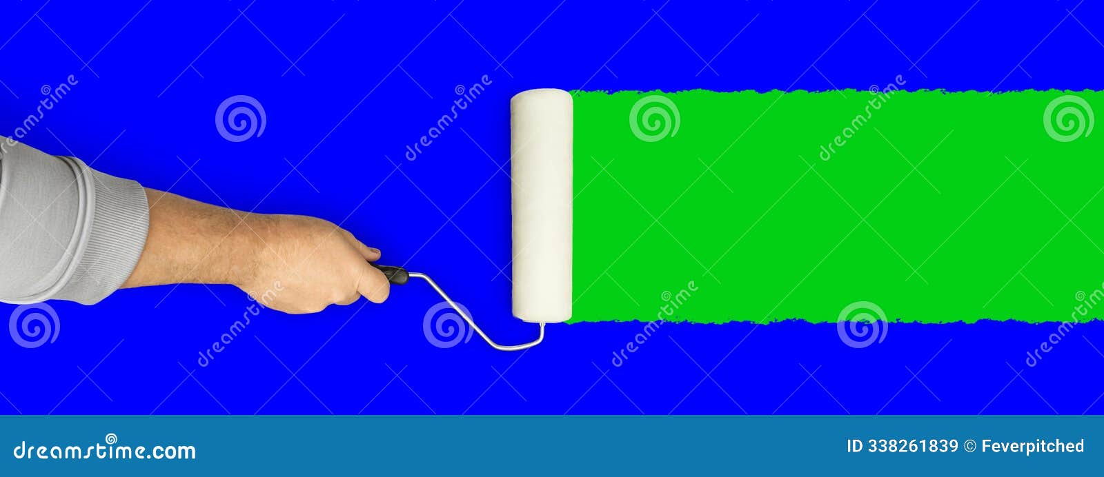 Male Hand Rolling Paint Roller Over Blue and Green Screen Background ...