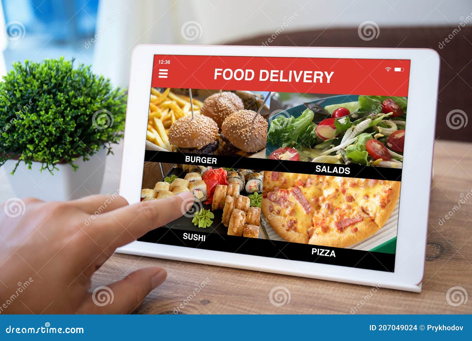 Male Hand Selects Menu Computer Tablet with Food Delivery Application ...