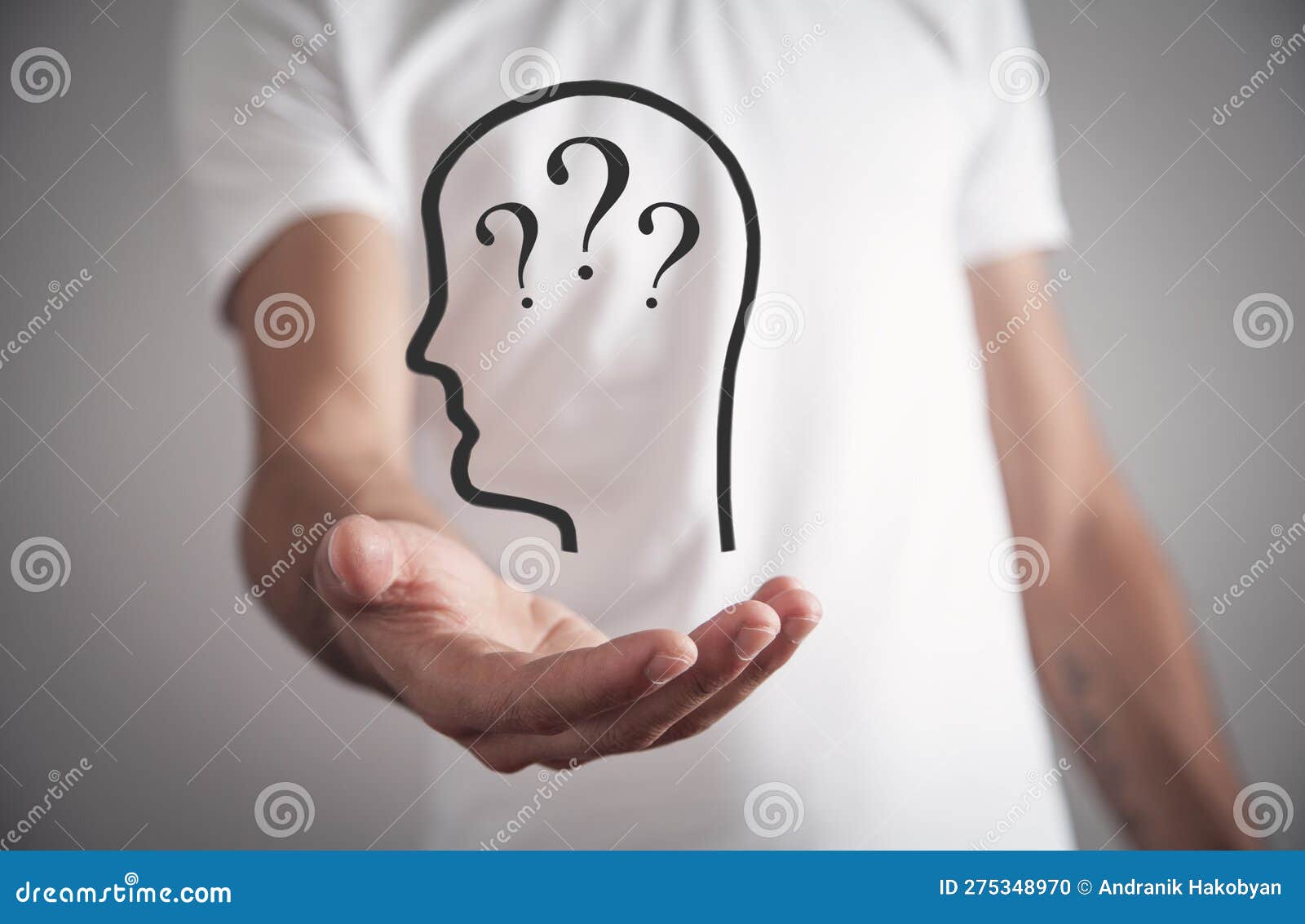 Male Hand Showing Human Head with a Question Marks Stock Photo - Image ...
