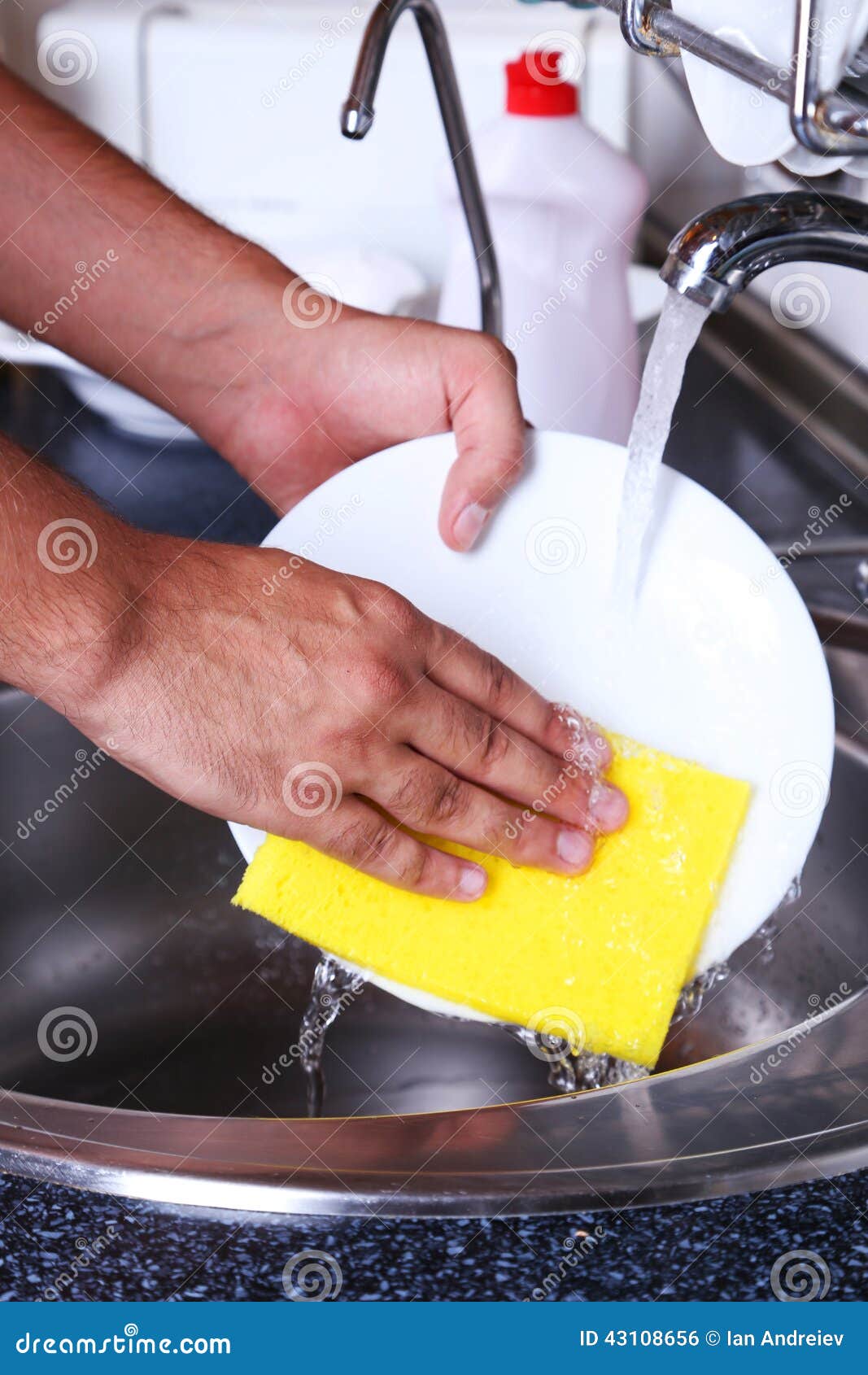 Male Hand with Sponge Washing Dish Stock Photo - Image of silver ...
