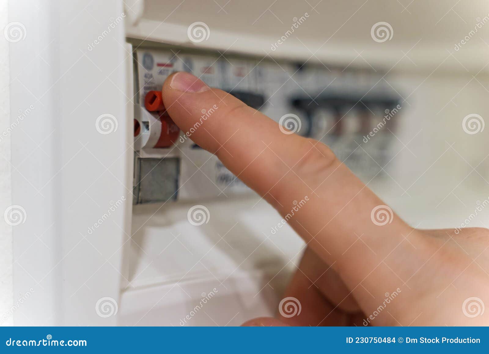 Hand Switching Power Switch On A Fusebox. Close Up Of Electrician ...