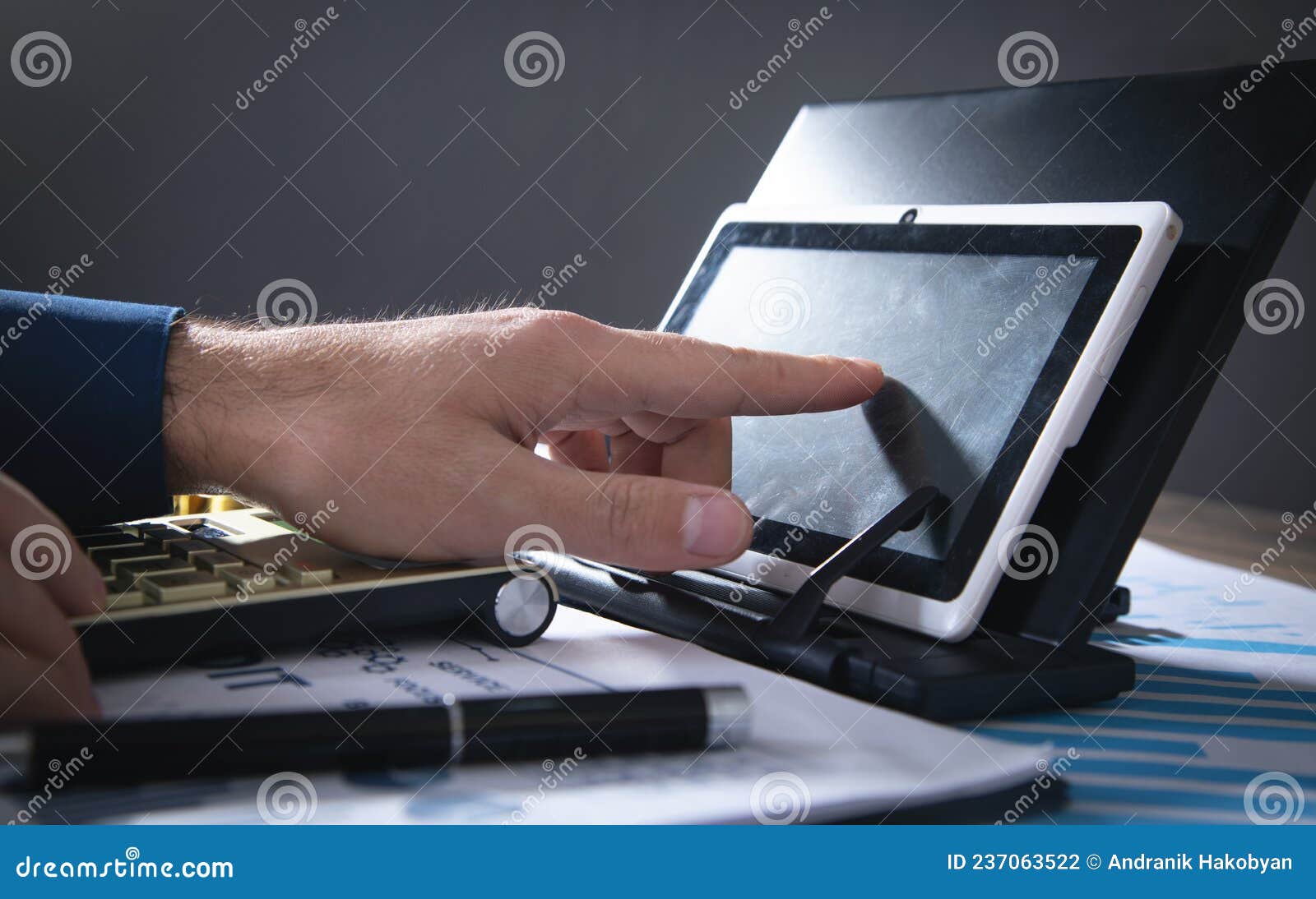 Male Hand Touching in White Digital Tablet Screen Stock Photo - Image ...