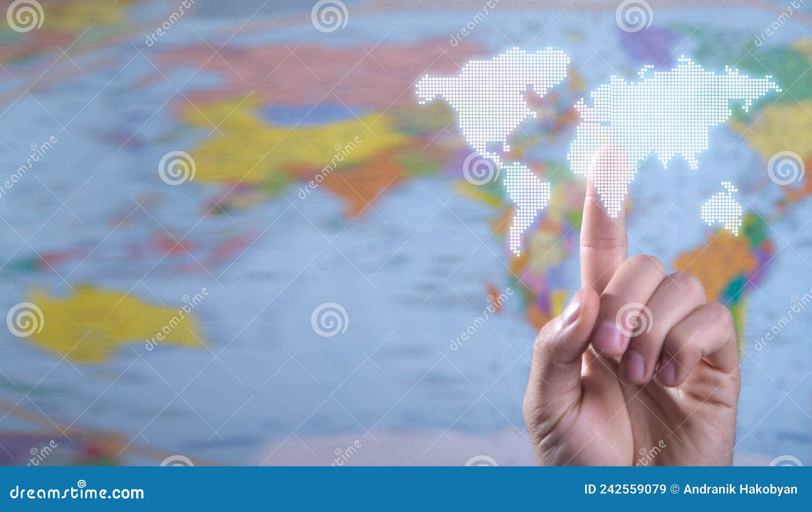 Male Hand Touching in World Map Stock Image - Image of business, hand ...