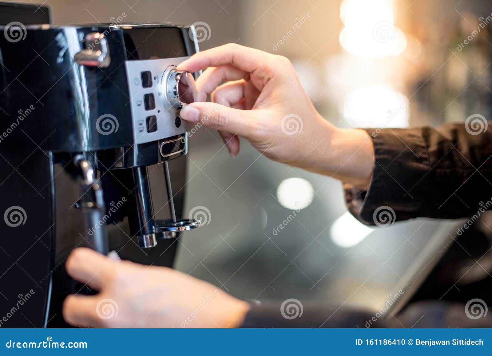 Male Hand Turning Button on Coffee Machine Stock Photo - Image of food ...
