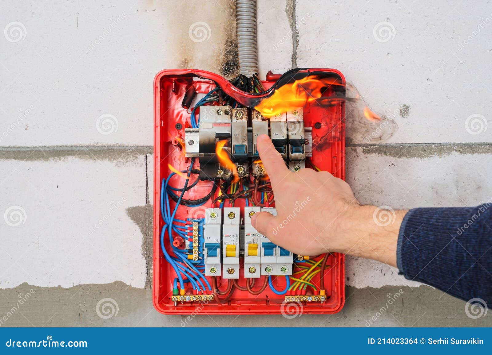 Burning Switchboard From Overload Or Short Circuit On Wall Stock Photo ...