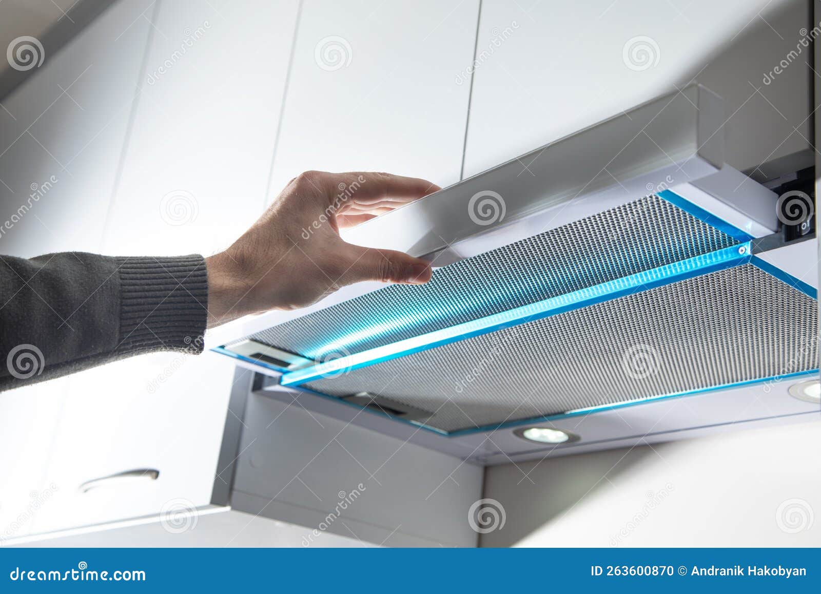 Male Hand Using Cooker Hood in Modern Kitchen Stock Photo - Image of ...