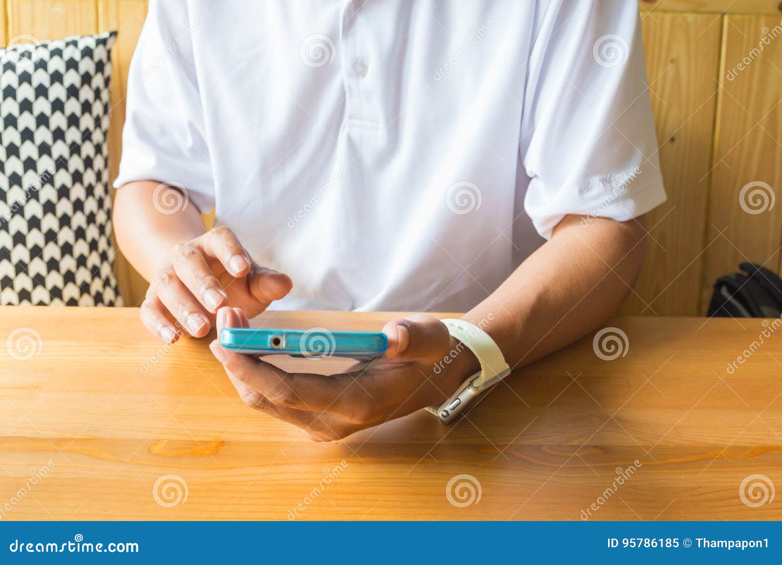 Male Hand Using Digital Wireless Smart Phone on Table As Modern Stock ...