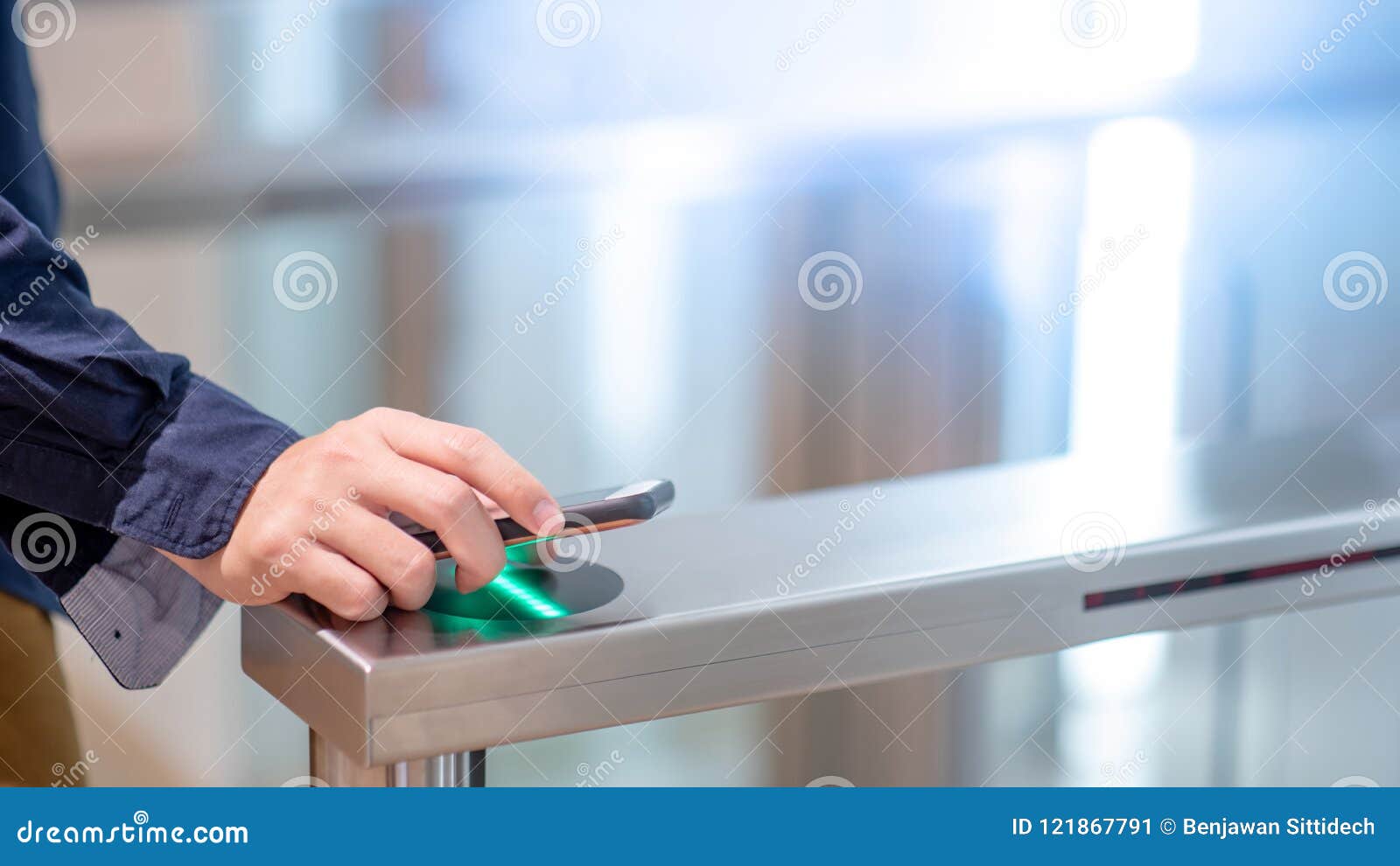 Male Hand Using Smartphone To Open Automatic Gate Machine Stock Image ...