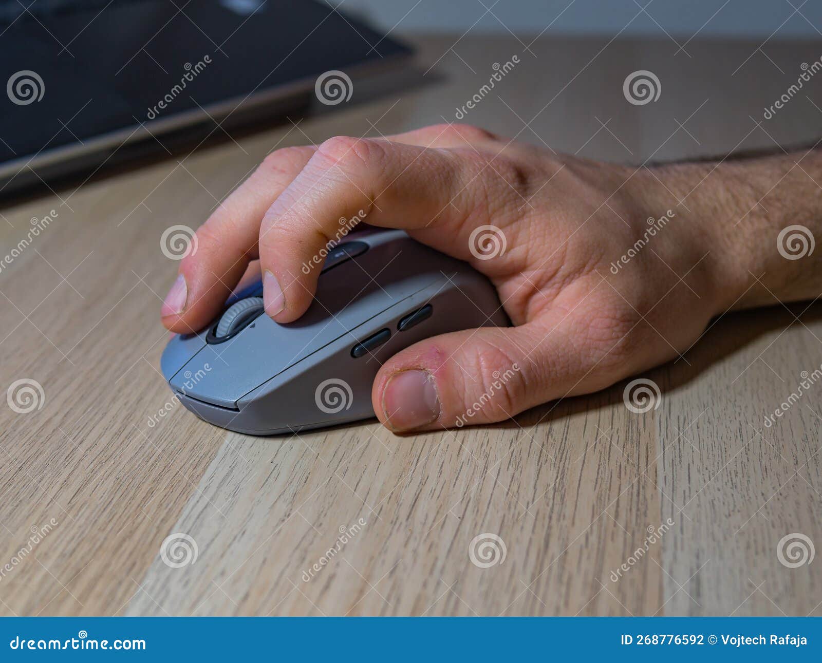 Male Hand Works with Wireless Mouse on Table Stock Photo - Image of ...
