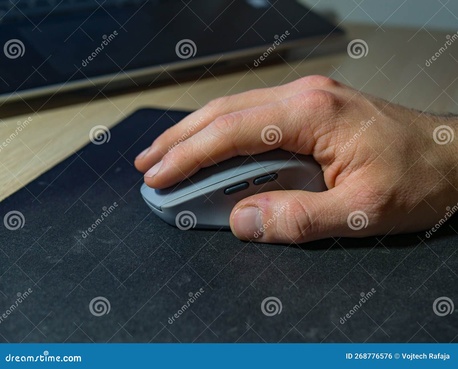 Male Hand Works with Wireless Mouse on Table Stock Photo - Image of ...
