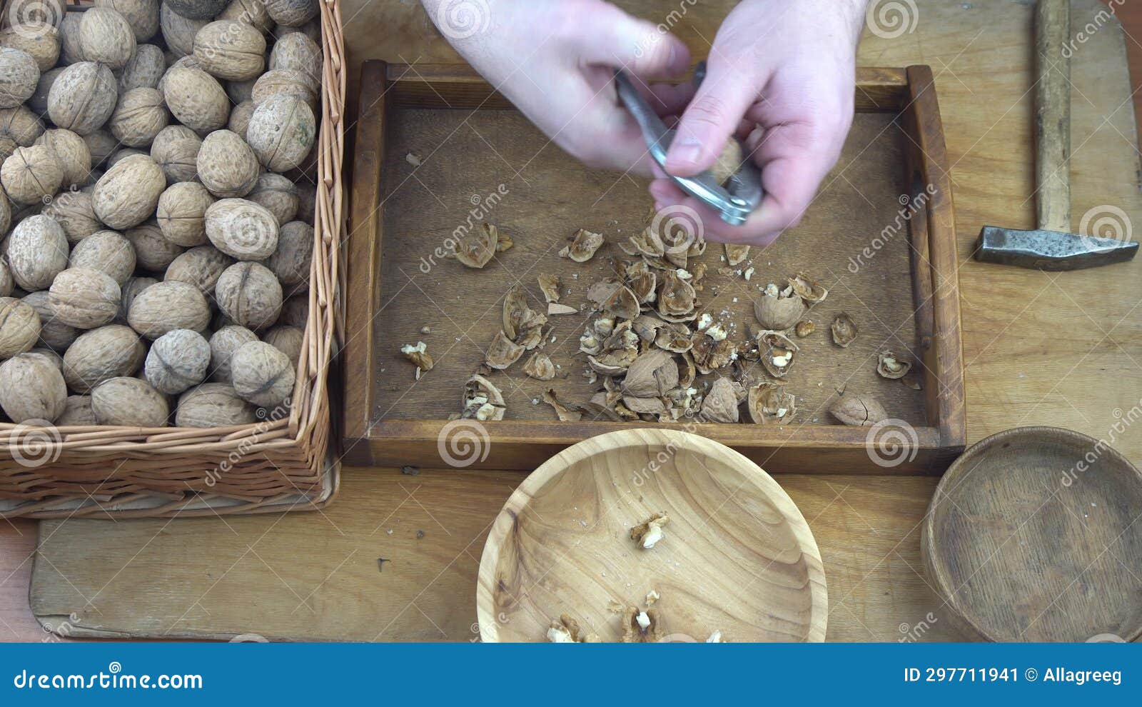 Male Hands Clean Nuts with a Nut Cracker. Close-up. Walnut in Shell Top ...