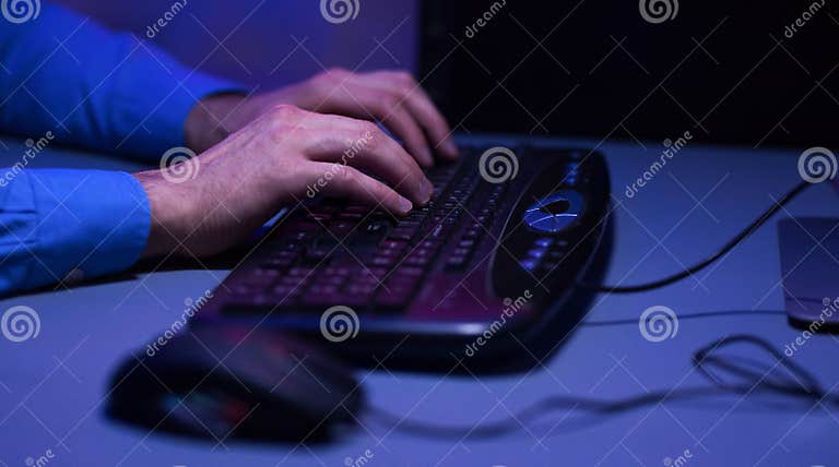 Male Hands on Computer Keyboard, Programmer Coding Indoor at Night ...