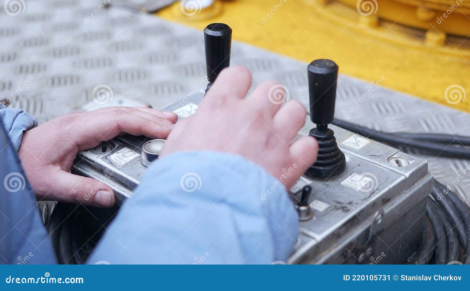 Male Hands on the Control Panel of the Platform Lift. Concept of Work ...