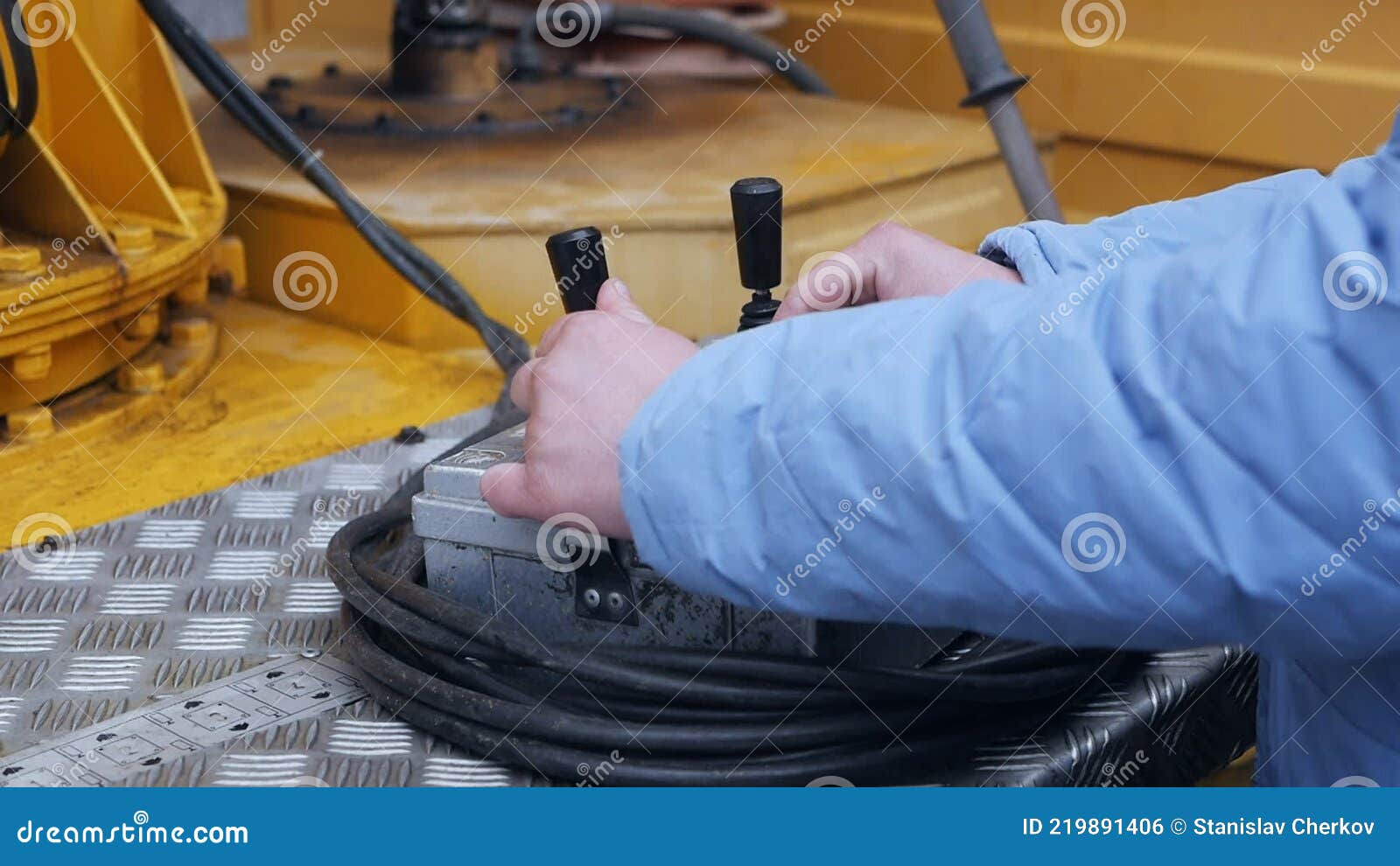 Male Hands on the Control Panel of the Platform Lift. Concept of Work ...