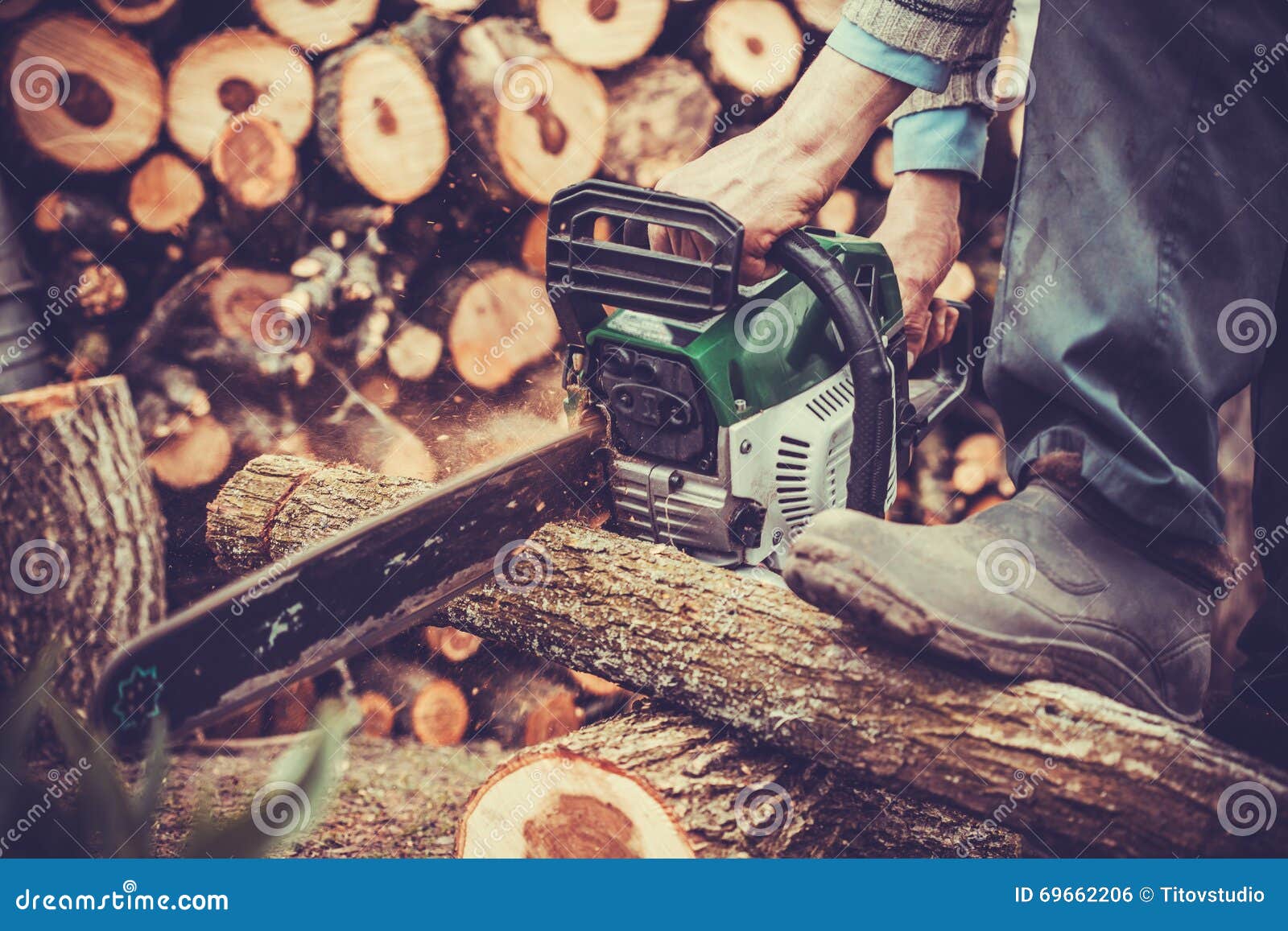 Male Hands Cutting Trunk with Chainsaw Stock Photo - Image of danger ...