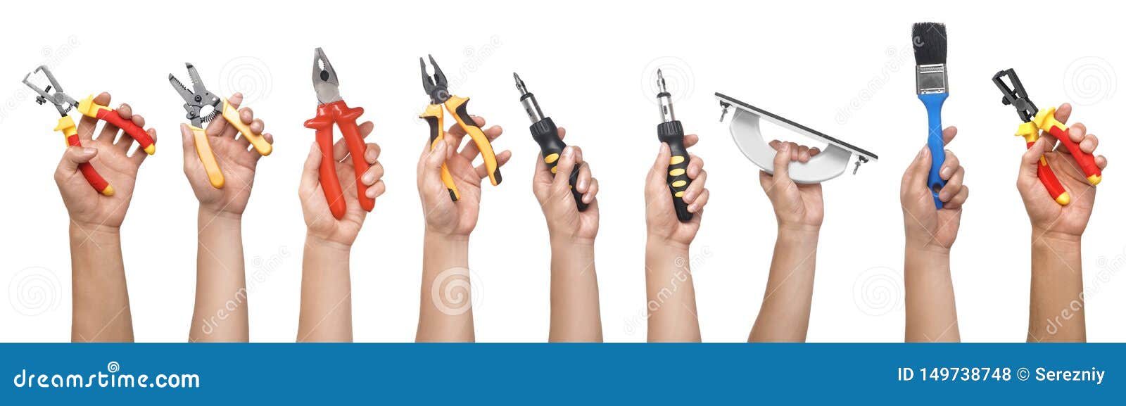 Male Hands with Different Repair Tools on White Background Stock Photo ...