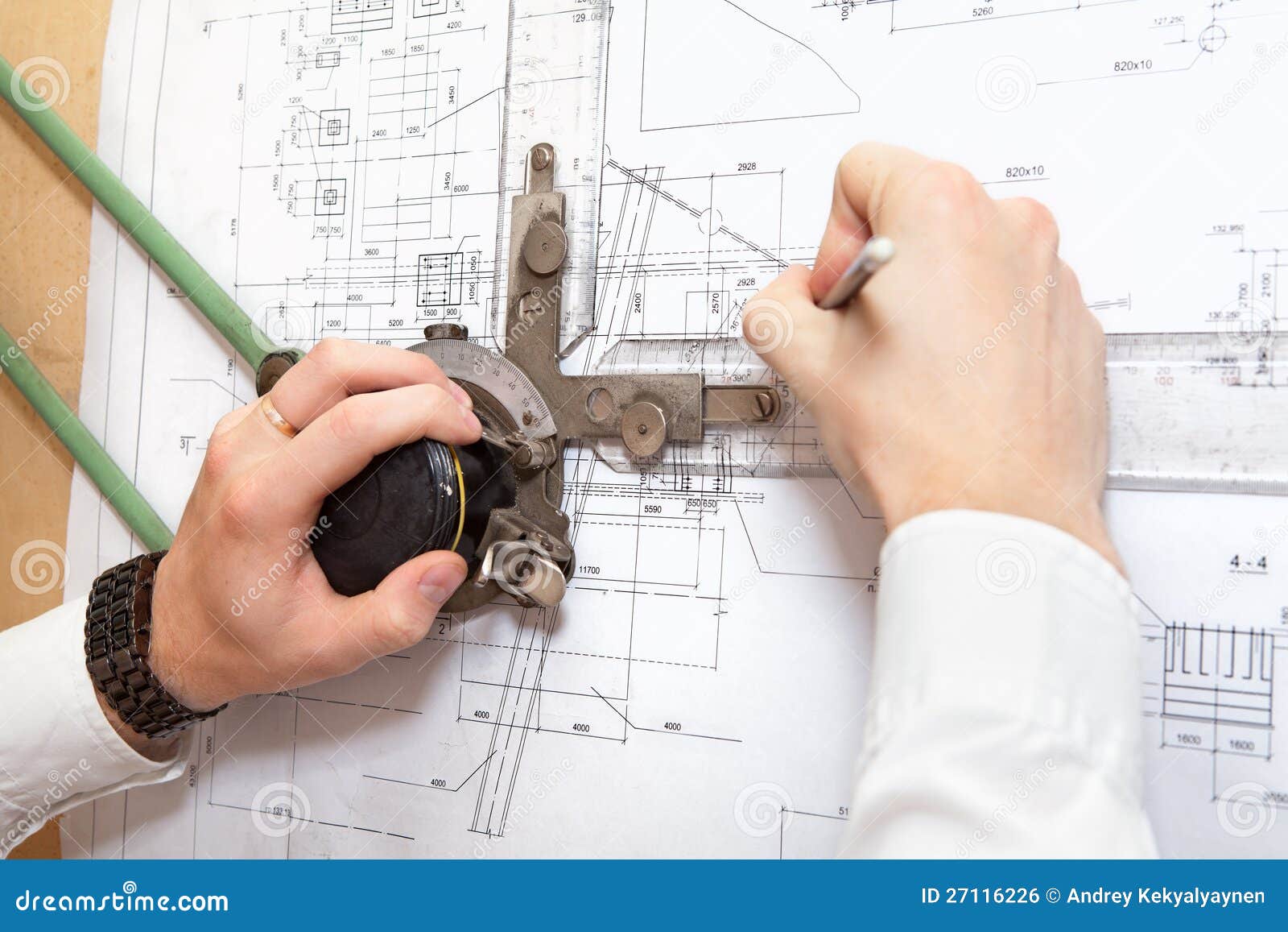 Male Hands Drawing on Blueprint by Pencil Stock Photo - Image of ...