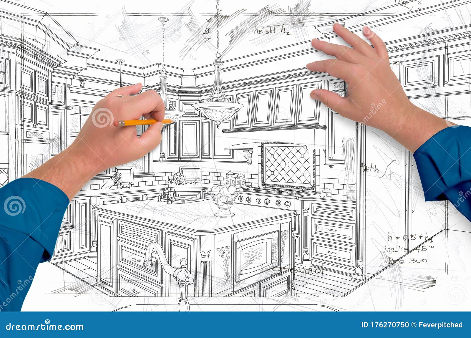 Male Hands Drawing Custom Kitchen Design Details Stock Photo - Image of ...