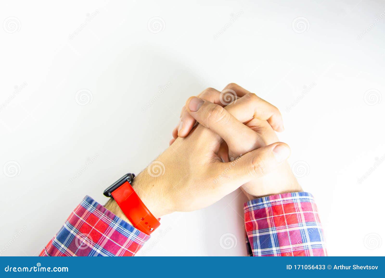 Male Hands Forearm, on a White Table First-person View. Squeeze, Hold ...