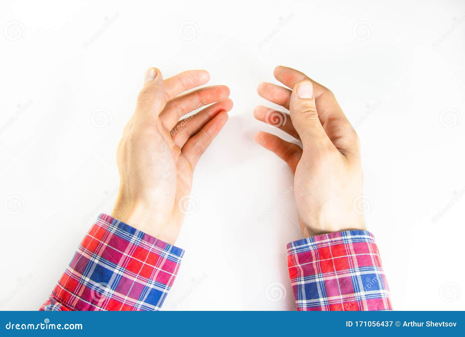 Male Hands Forearm, on a White Table First-person View. Squeeze, Hold ...