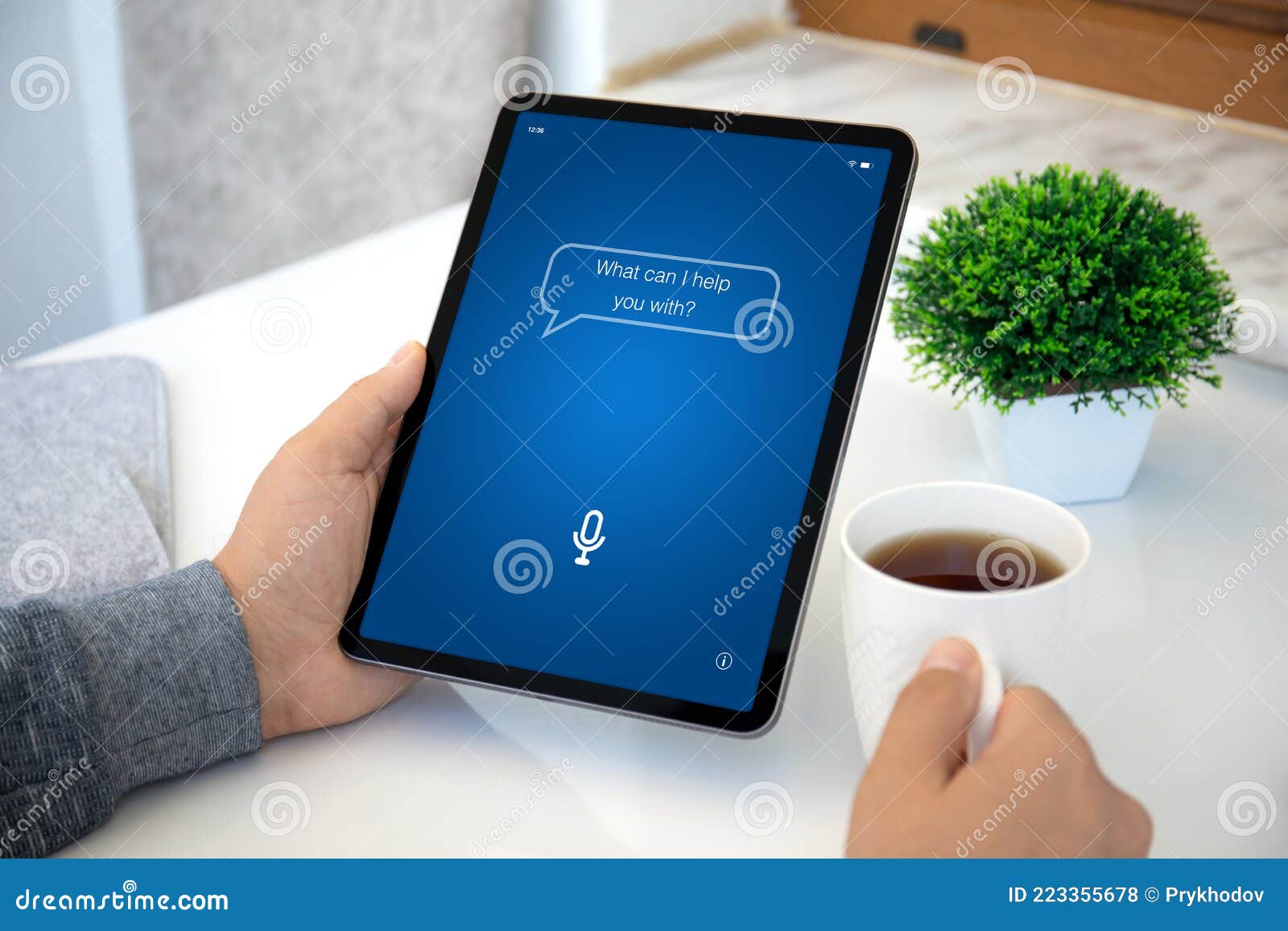 Male Hands Hold Computer Tablet Upright with App Personal Assistant ...