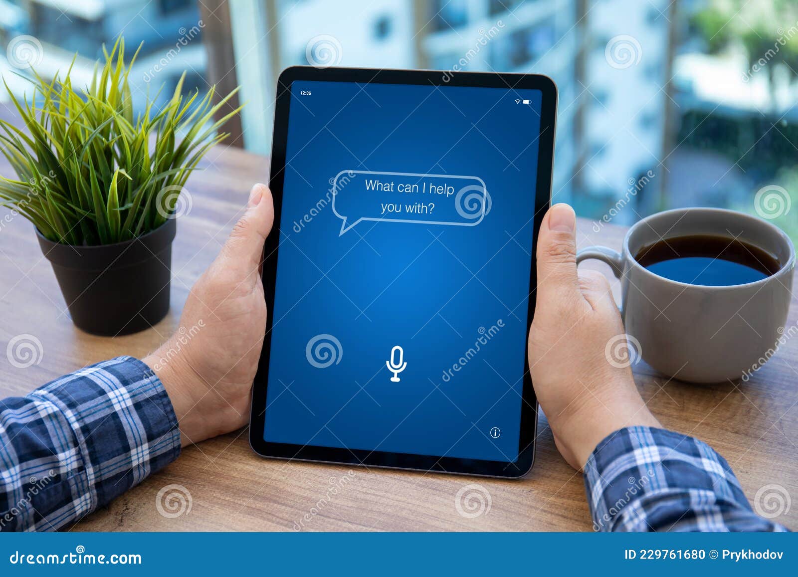 Male Hands Hold Computer Tablet Upright with App Personal Assistant ...