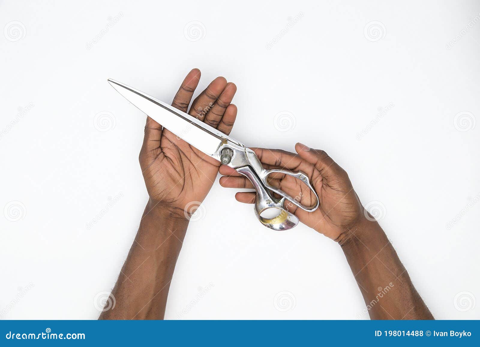 Male Hands Holding Big Scissors Stock Photo - Image of hands, holding ...