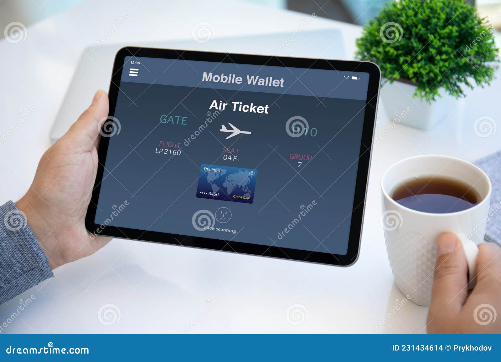 Male Hands Holding Computer Tablet with Airplane Ticket Application ...