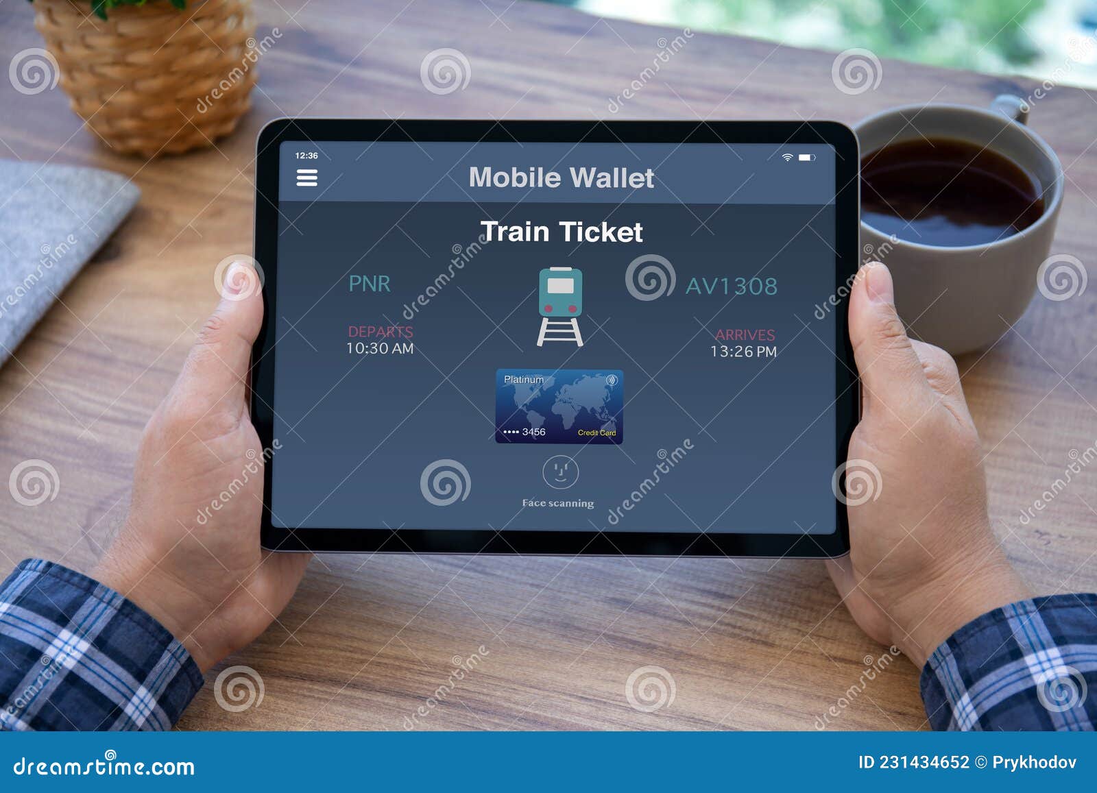 Male Hands Holding Computer Tablet with Train Ticket Application Screen ...