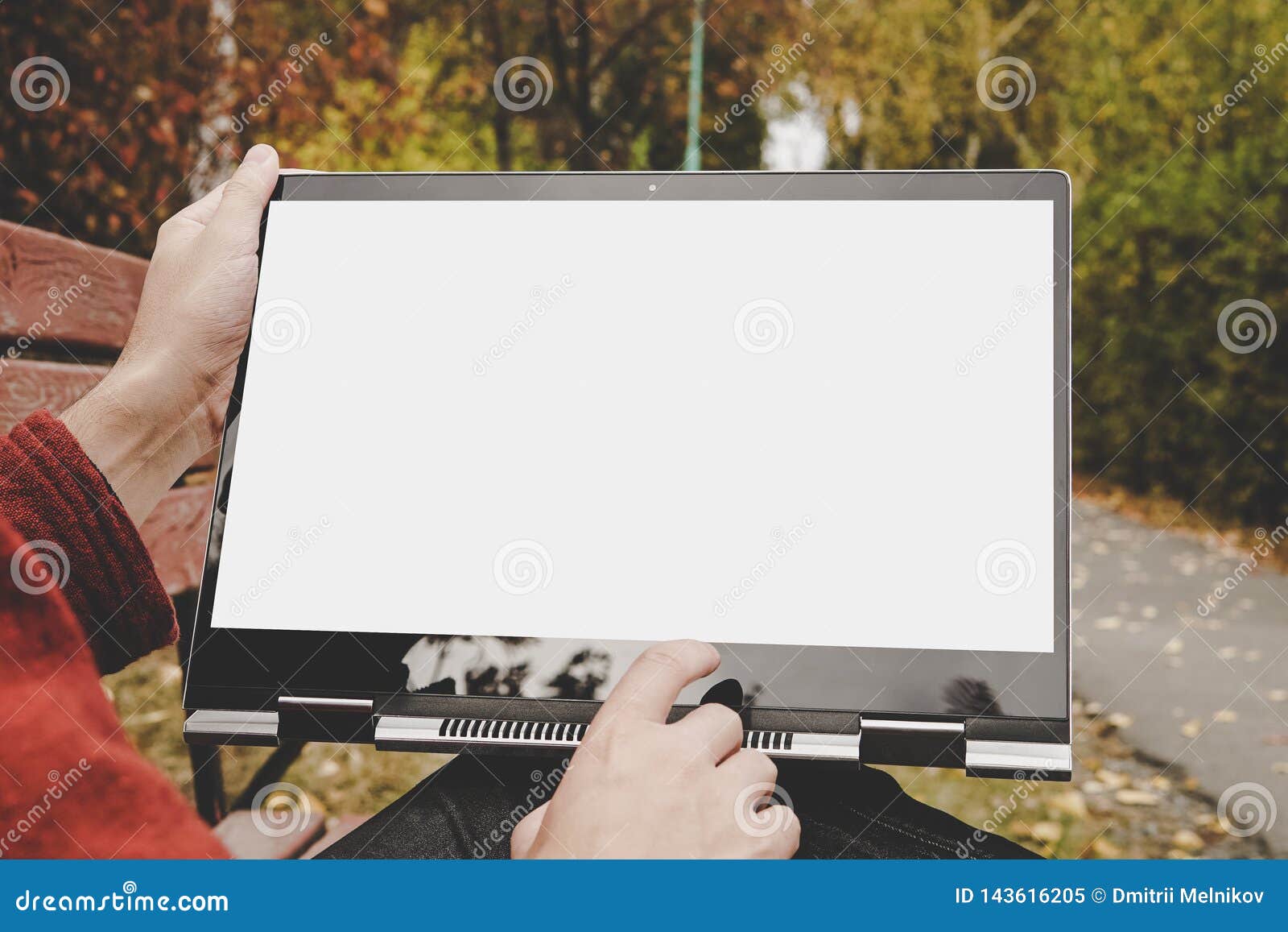 Male Hands Holding a Laptop with a Touch Screen and Pointing at a Blank ...