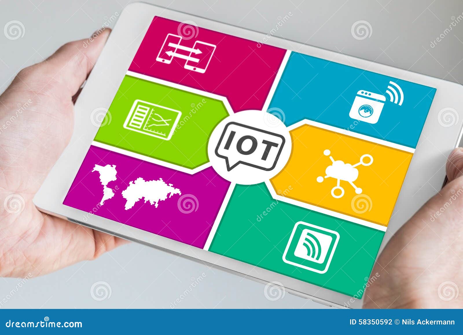 Male Hands Holding Modern White Tablet with IOT Internet of Everything ...