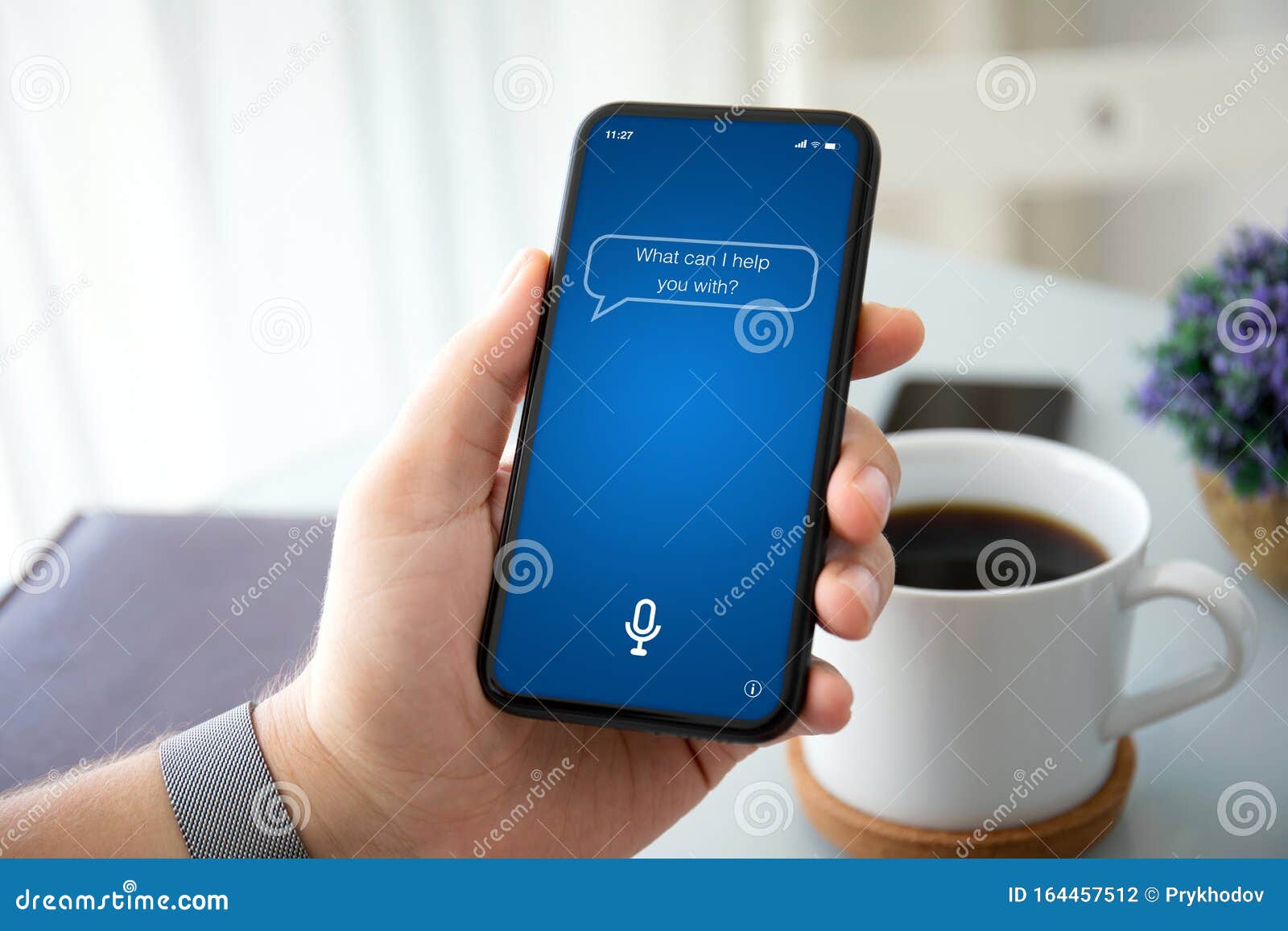 Male Hands Holding Phone with App Personal Assistant on Screen Stock ...