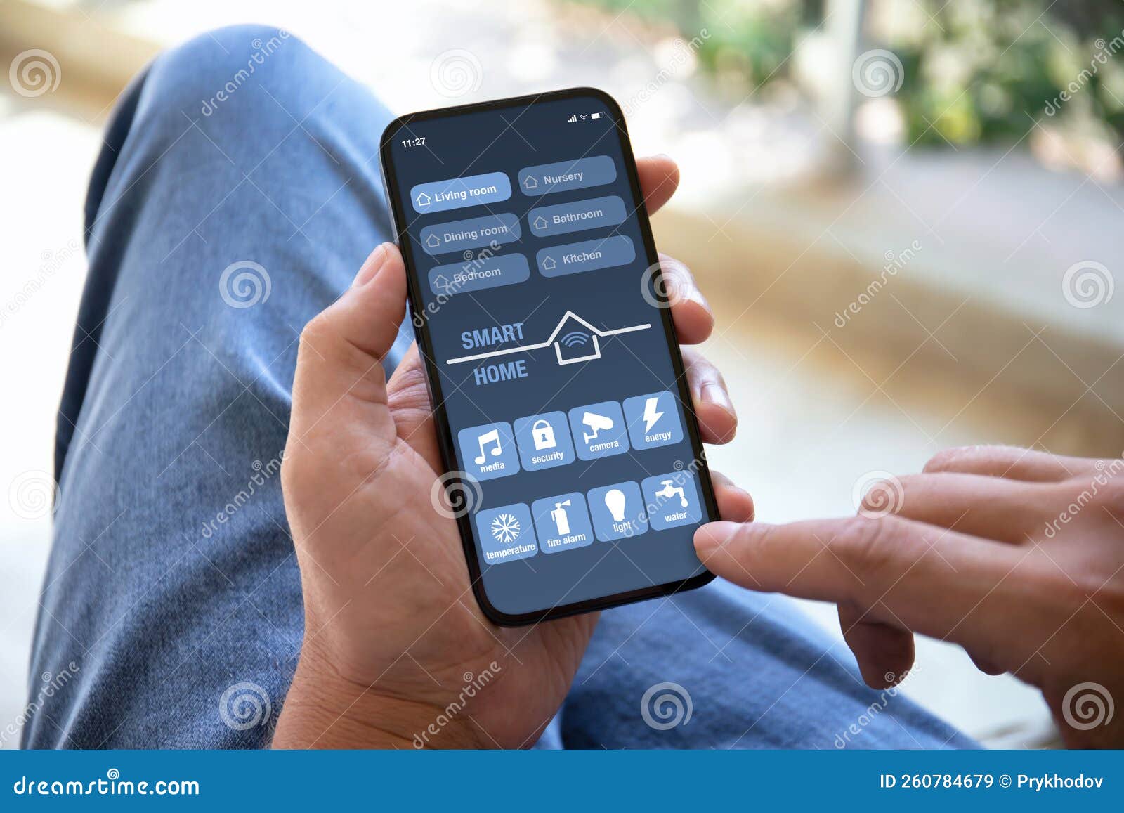 Male Hands Holding Phone with Application Smart Home on Screen Stock ...