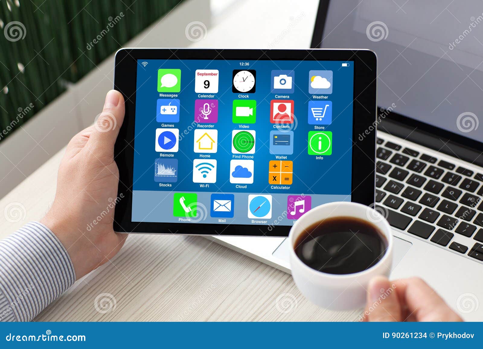 Male Hands Holding Tablet Computer with Home Screen Icons Apps Stock ...