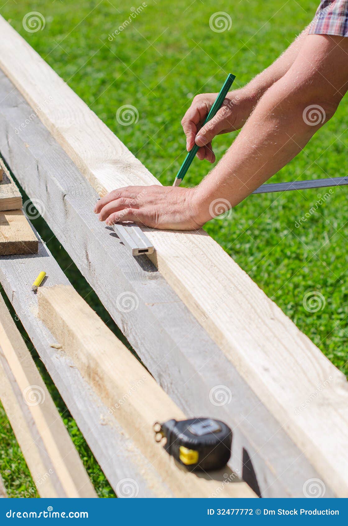 Male Hands Making Marks with Pencil Stock Photo - Image of carpenter ...