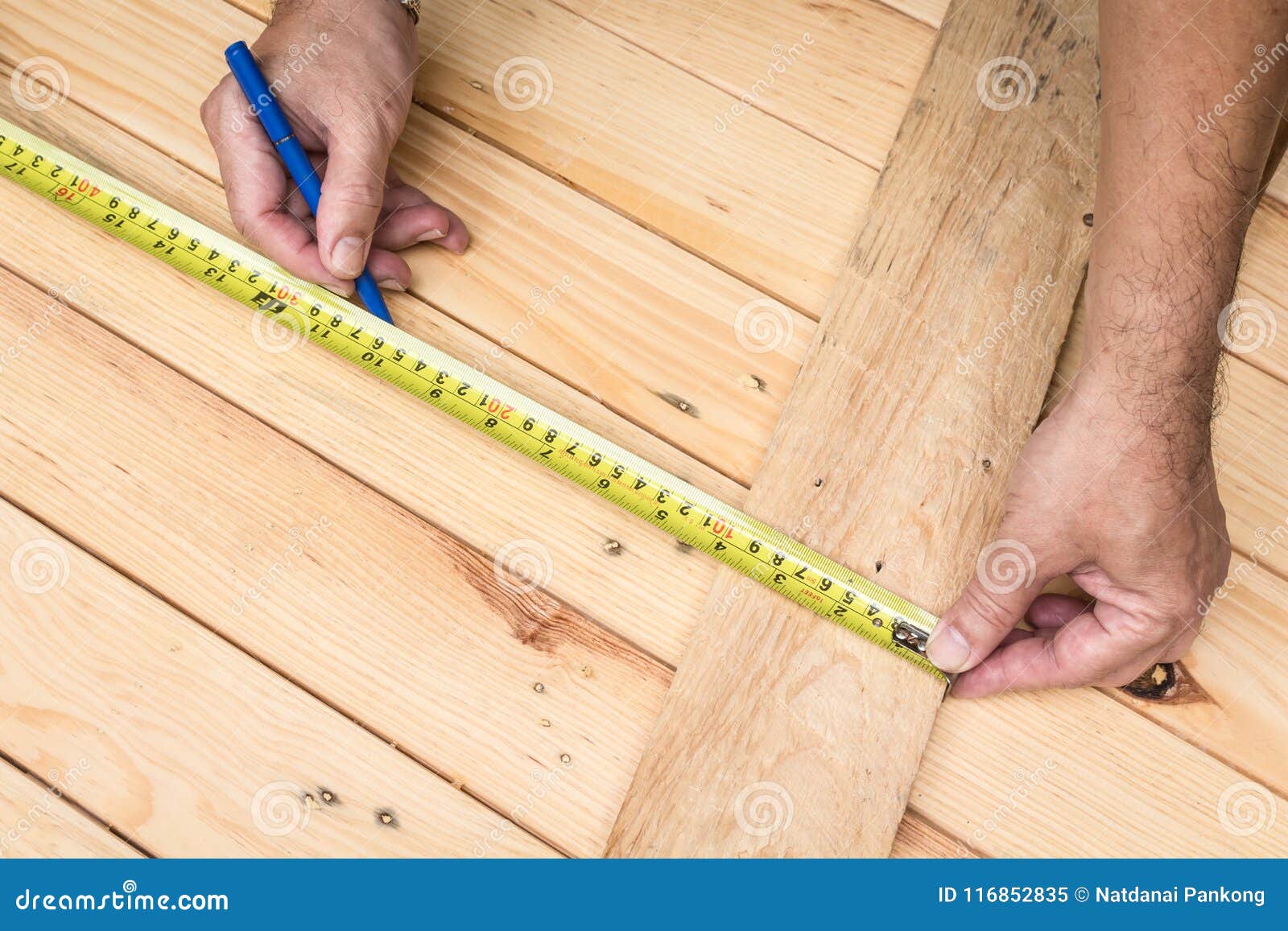 Male Hands Measuring Wood Flooring Stock Image - Image of contractor ...